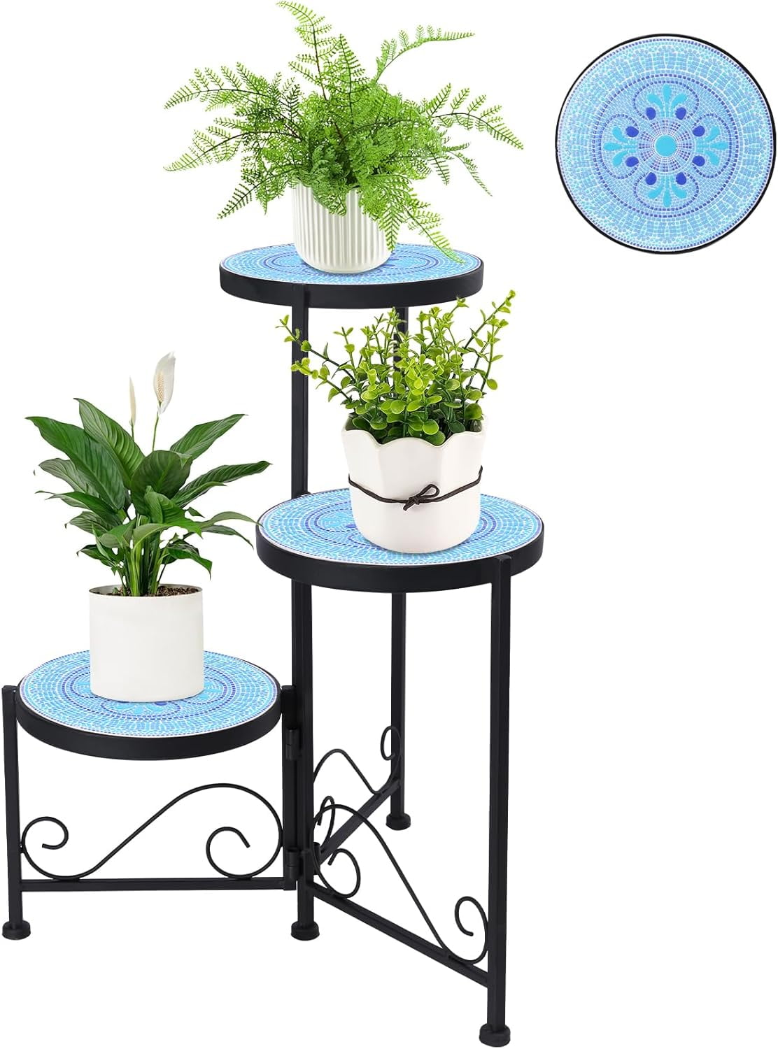3 Tier Plant Stand with Mosaic Ceramic Top - Foldable 3 tier plant ...