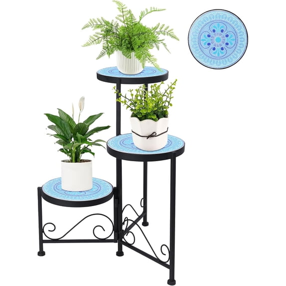 3 Tier Plant Stand with Mosaic Ceramic Top - Foldable 3 tier plant ...