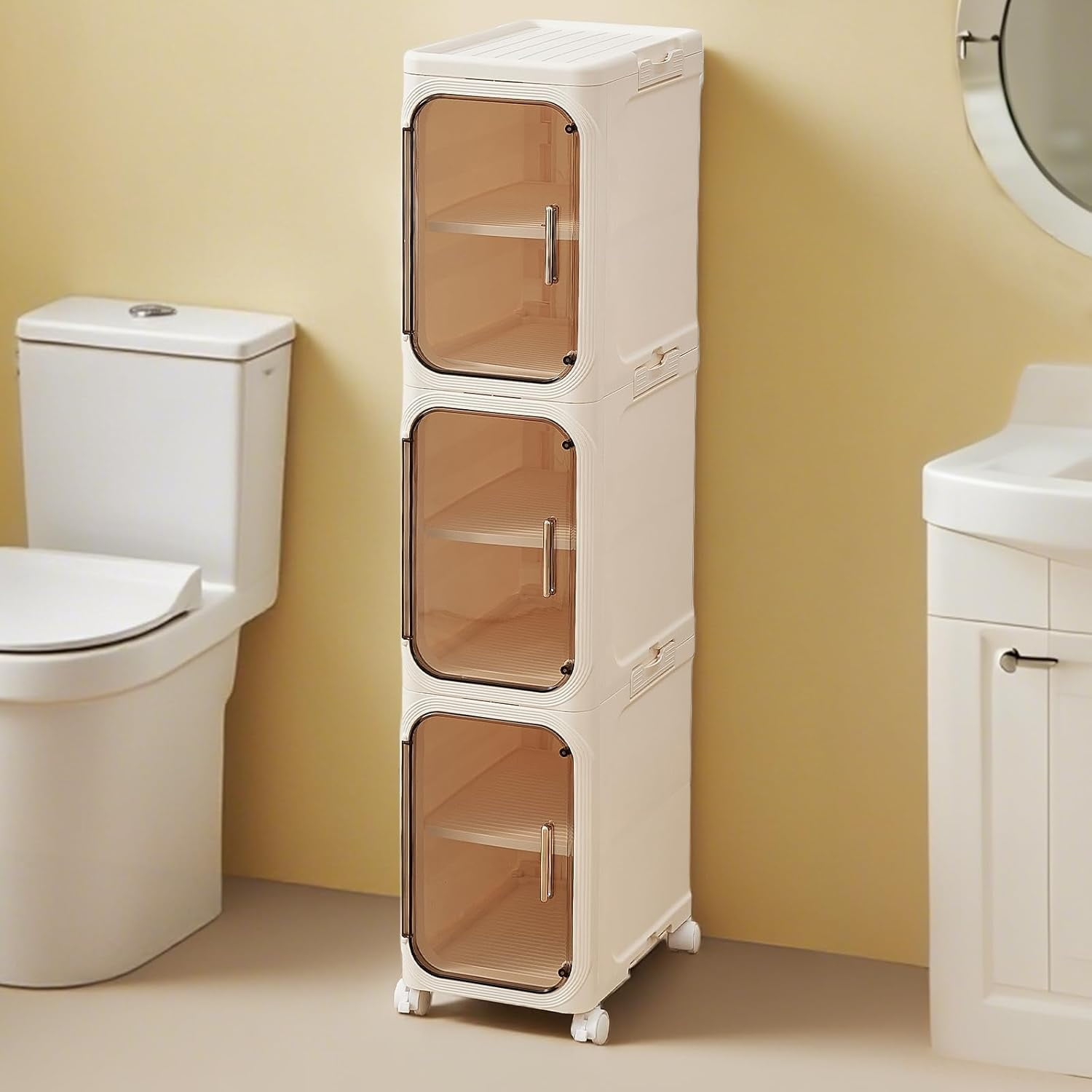 3-Tier Plastic Bathroom Slim Storage Cabinet with Magnetic Doors ...