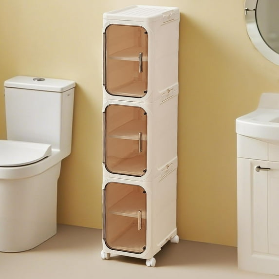 3-Tier Plastic Bathroom Slim Storage Cabinet with Magnetic Doors ...