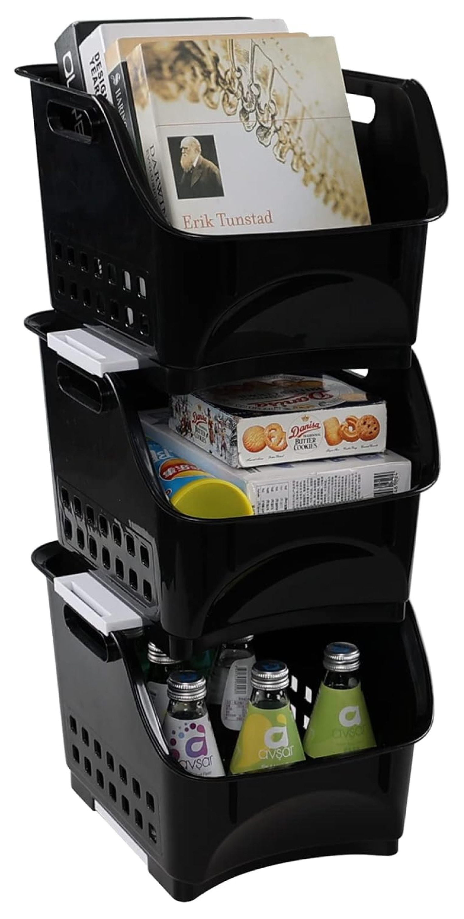 3 Tier Plastic Kitchen Stacking Shelf Basket, Open Front Stacking ...