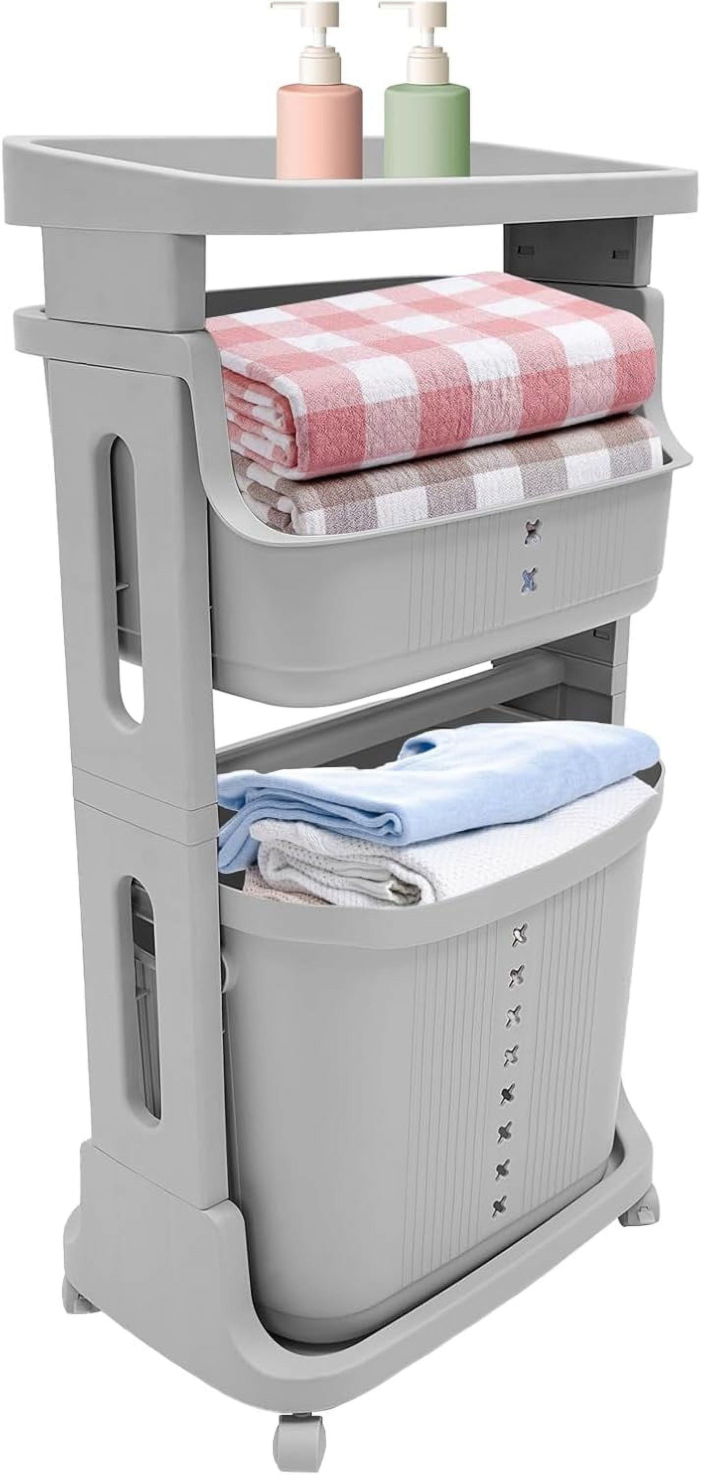 3 Tier Plastic Laundry Basket with Wheels, Portable Rolling Laundry ...