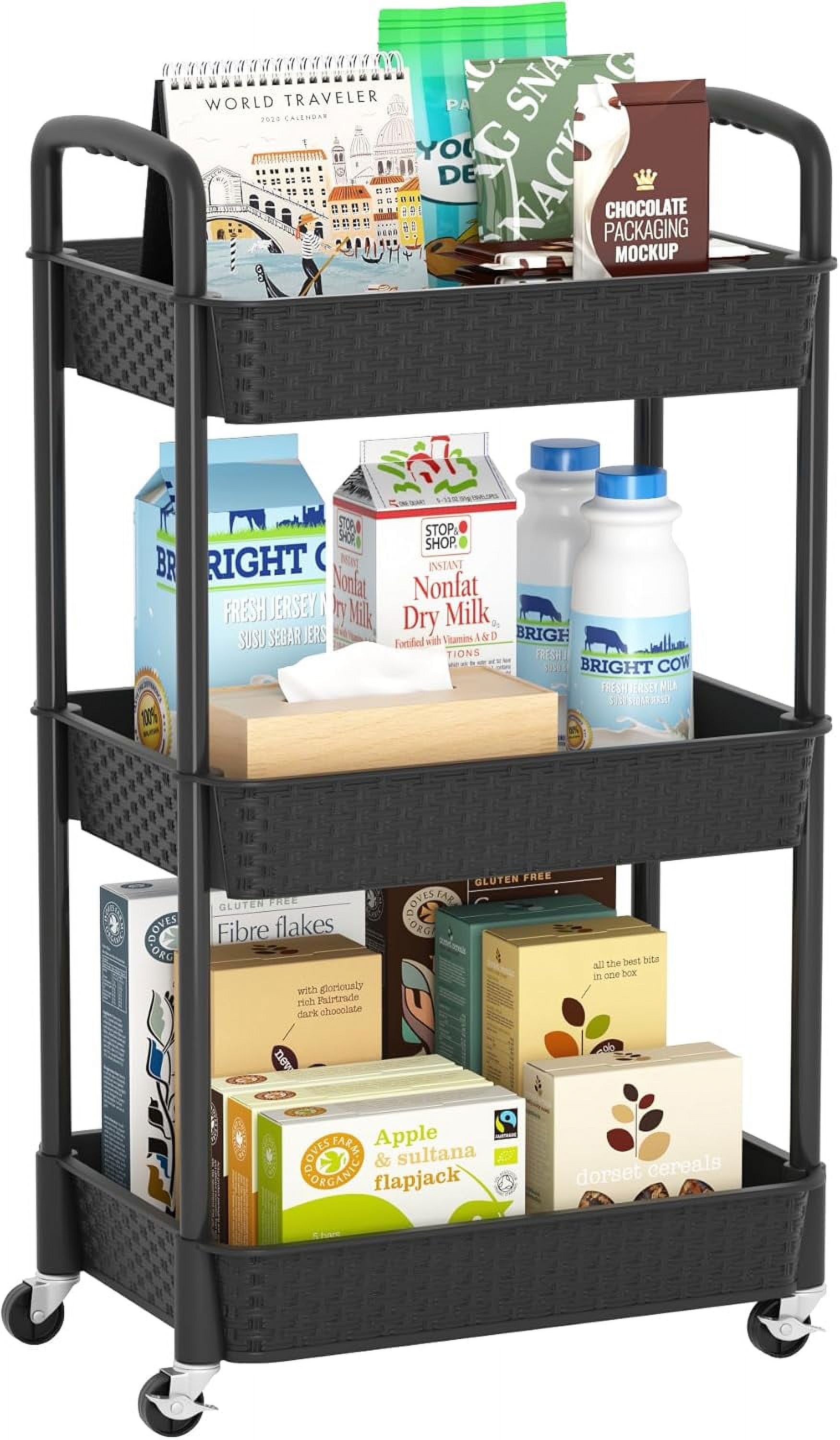 3-Tier Plastic Rolling Cart with Handle,Utility Storage Cart with ...