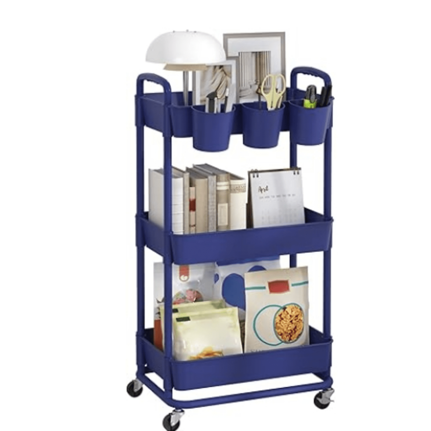 3-Tier Plastic Rolling Storage Cart Utility Cart with Extra Hanging ...