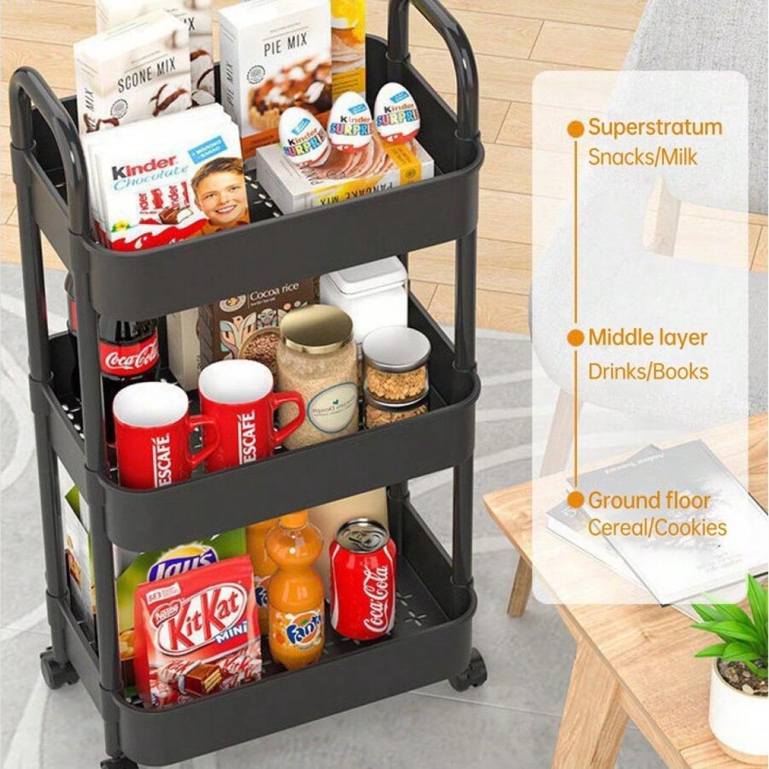 3-Tier Plastic Rolling Utility Cart with Handle, Multi-Functional ...