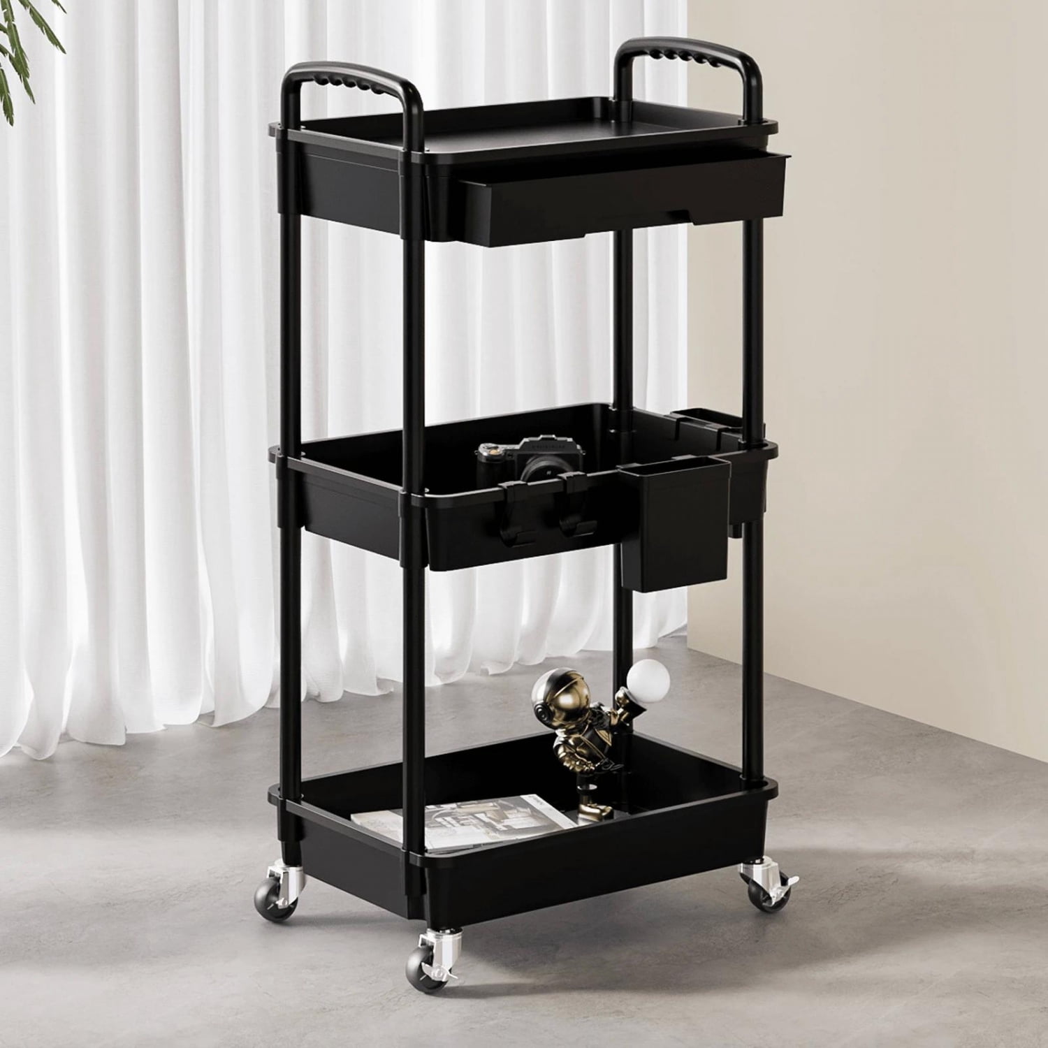 3-Tier Plastic Rolling Utility Cart with Handle, Multi-Functional ...