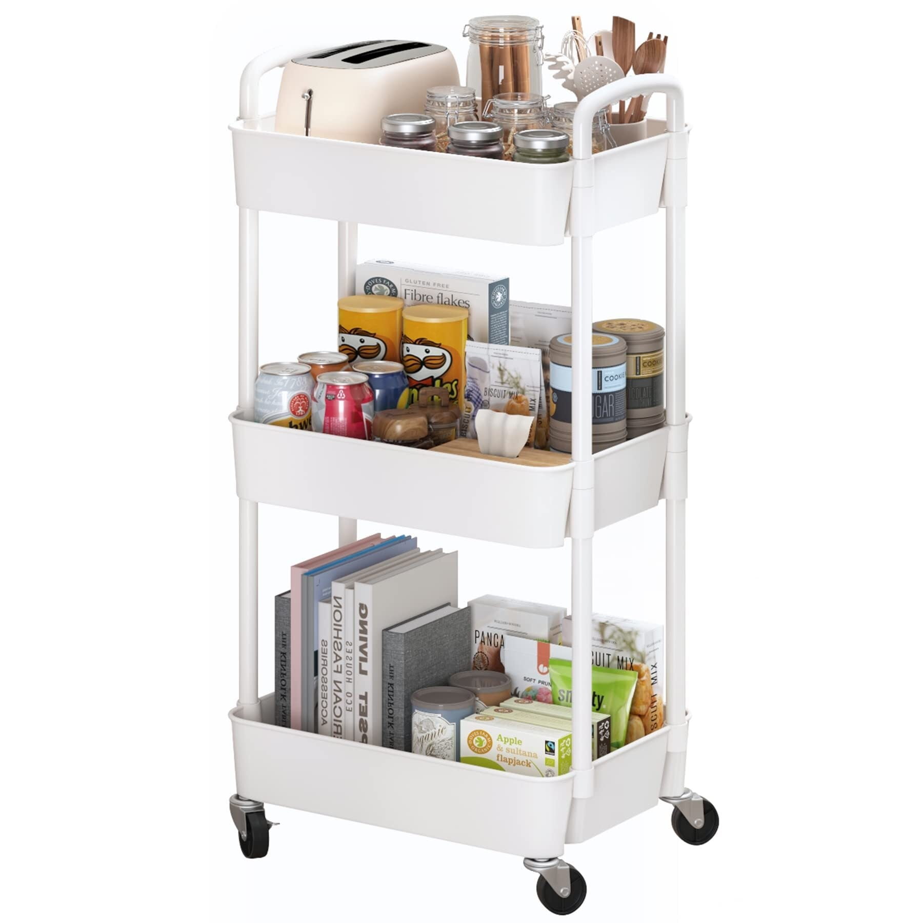 3-Tier Plastic Rolling Utility Cart with Handle, Multi-Functional ...