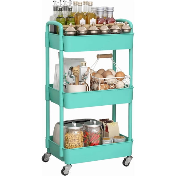 3-Tier Plastic Rolling Utility Cart with Handle, Multi-Functional ...