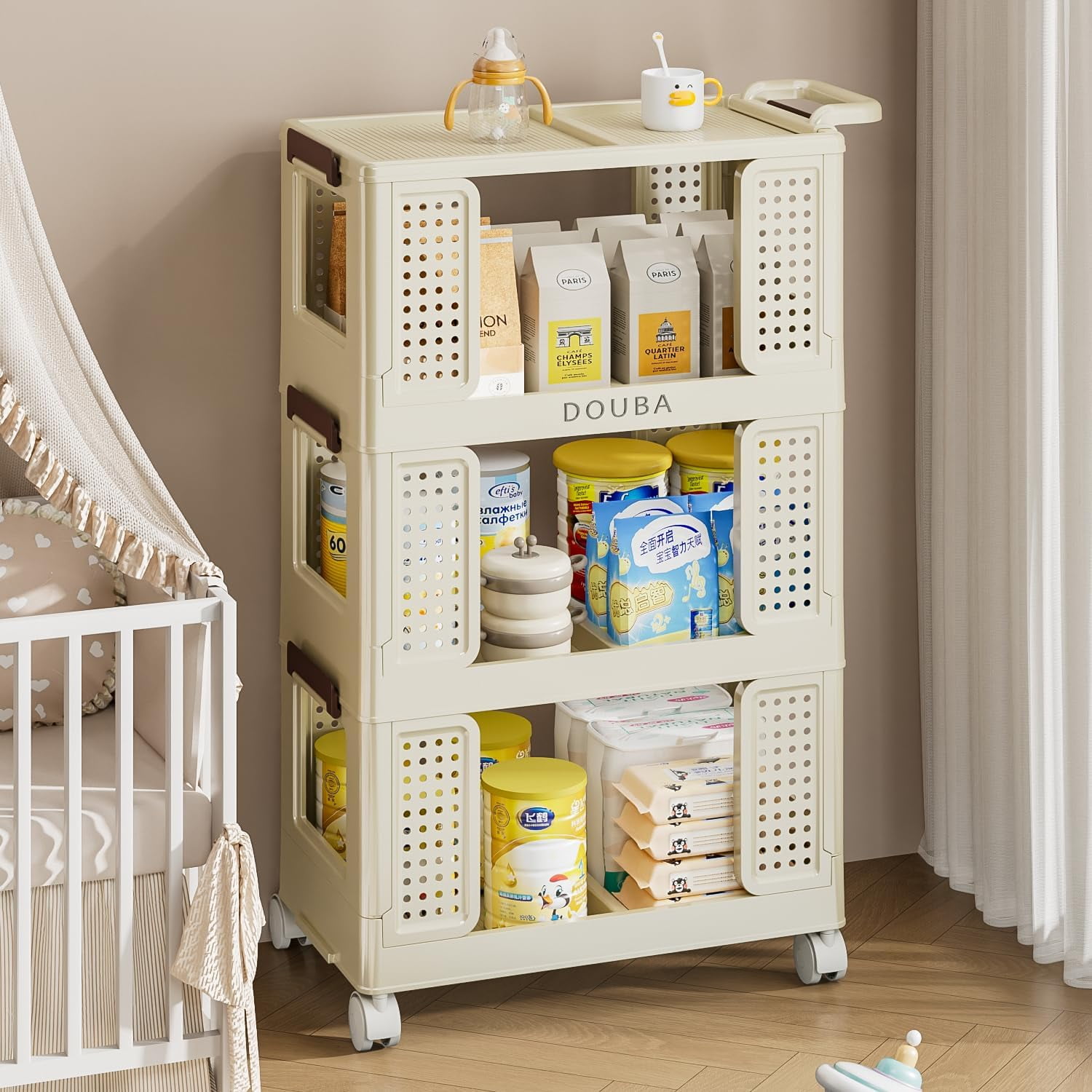 3-Tier Plastic Rolling Utility Cart, Kitchen Storage Cart with Lockable ...