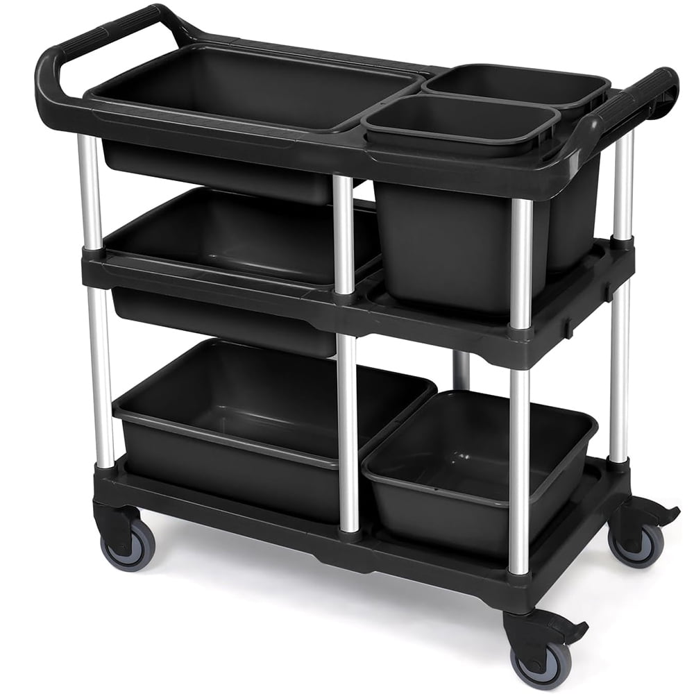 3-Tier Plastic Service Storage Cart, Heavy Duty Mobile Shelving Unit ...