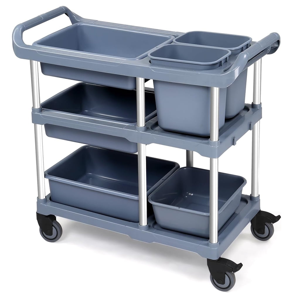3-Tier Plastic Service Storage Utility Cart with Wheels, Heavy Duty ...
