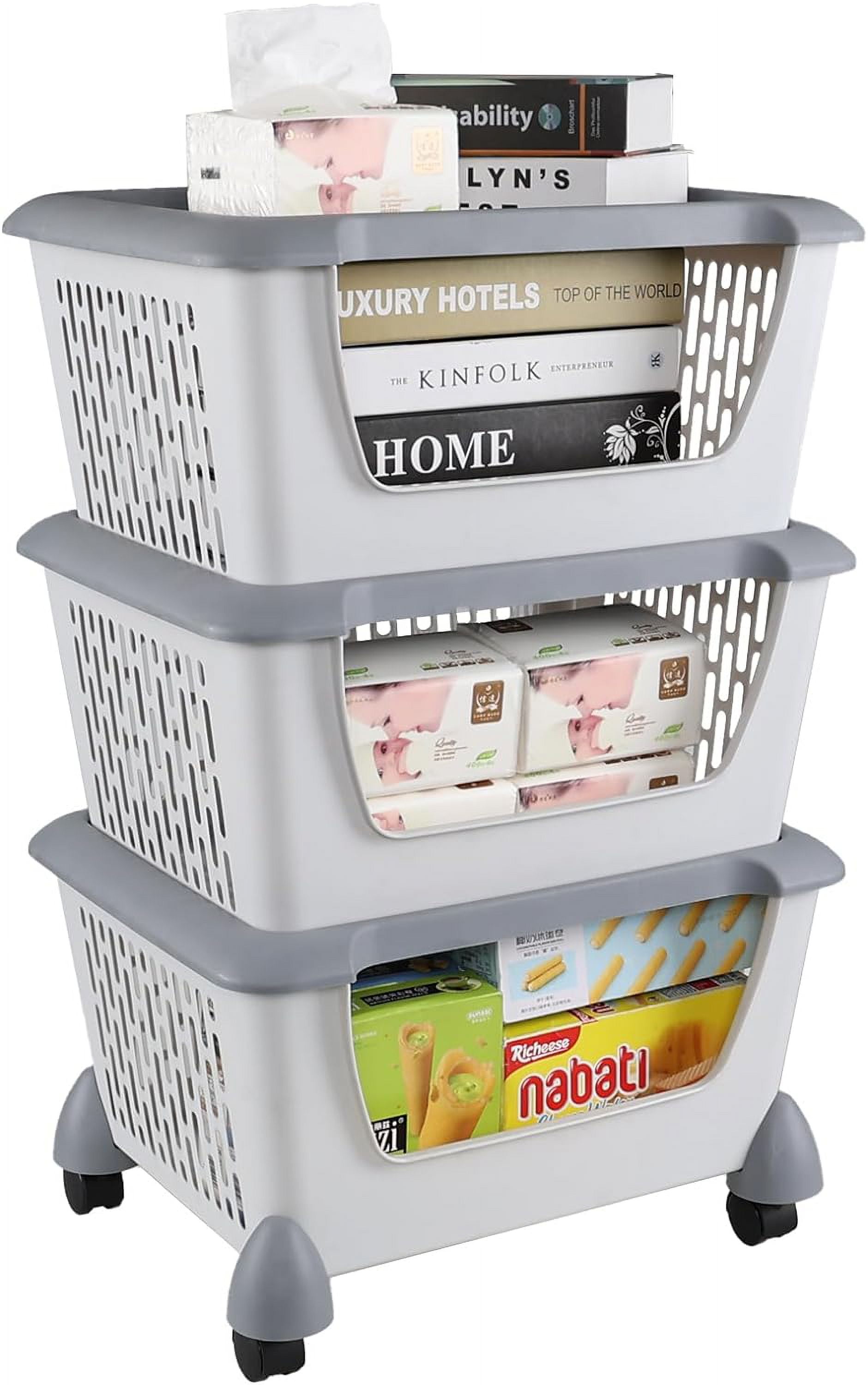 3 Tier Plastic Stackable Storage Baskets with Wheels, Rolling Stackable ...