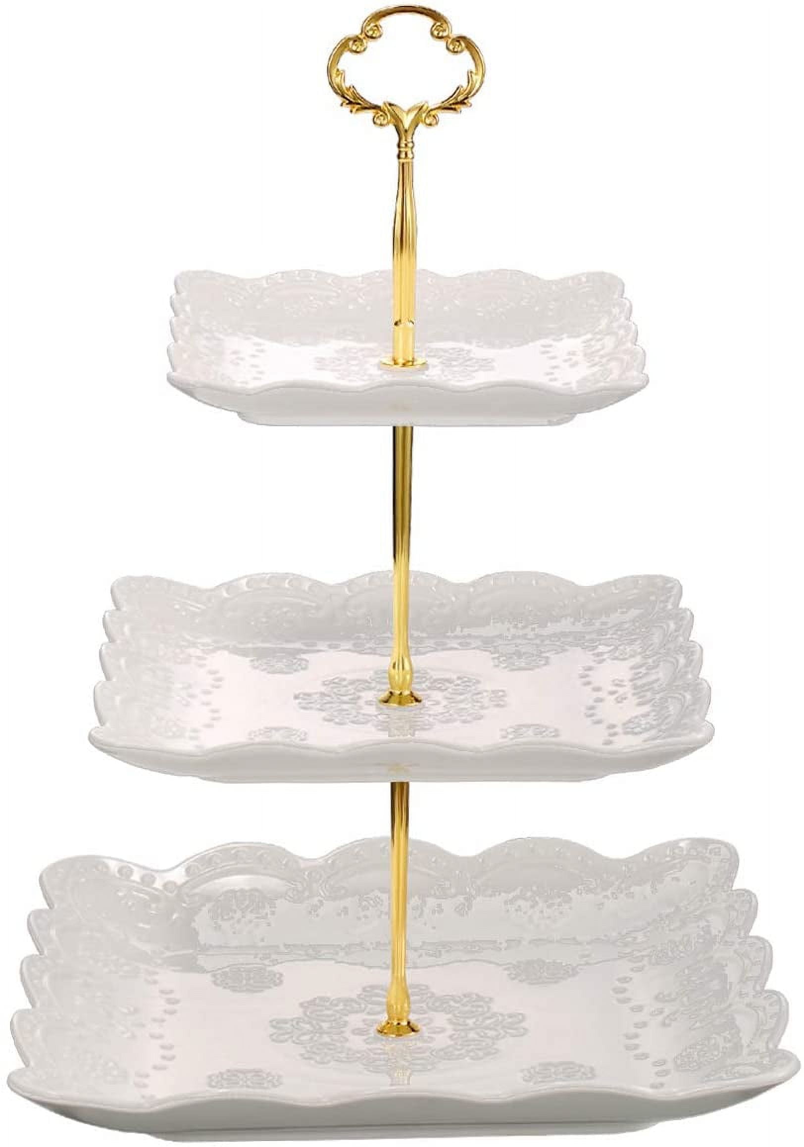 3 Tier Porcelain Cupcake Stand, Tiered Serving Cake Stand, Square White Embossed Dessert Stand ...