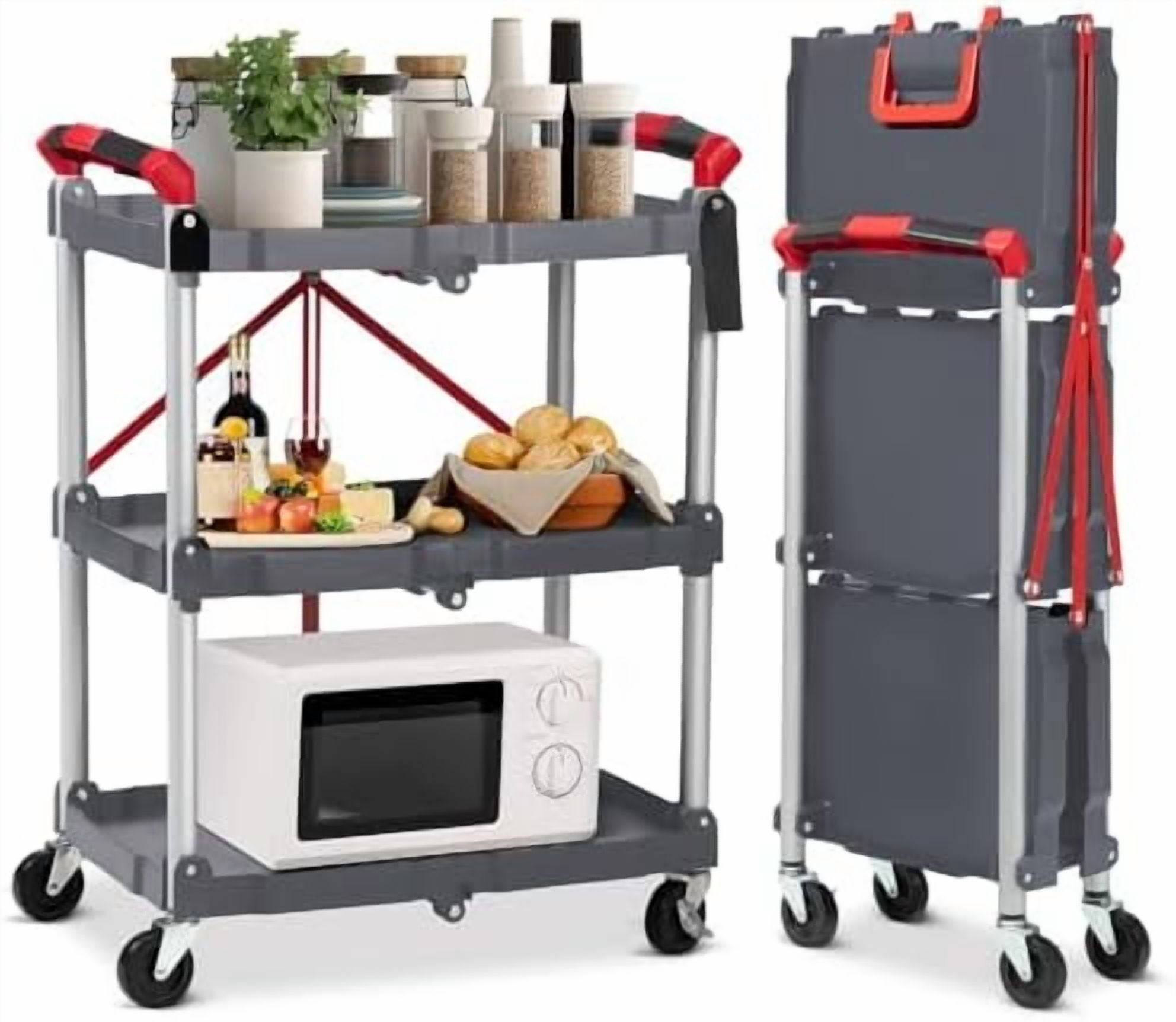 3-Tier Portable Folding Service Cart - Collapsible Push Cart with ...
