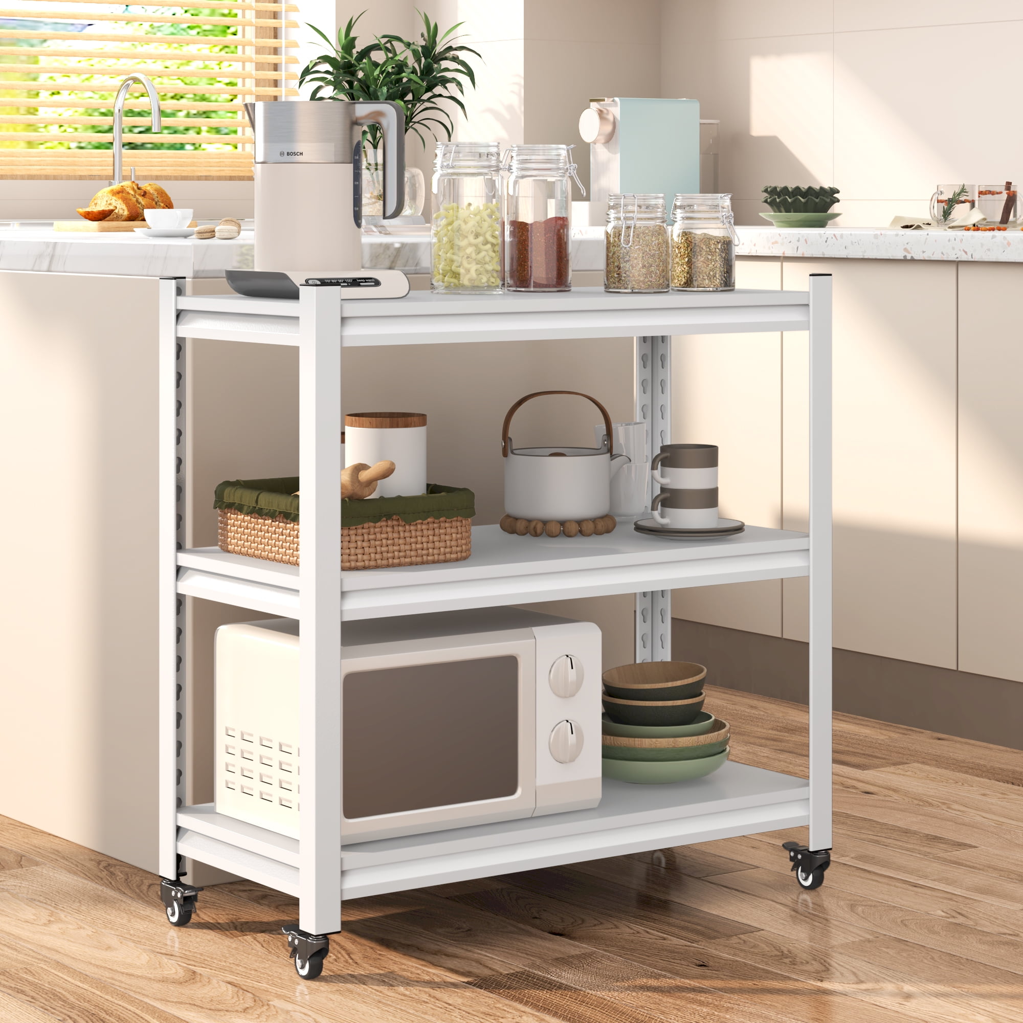 3-Tier Portable Metal Shelving Unit on Wheels with Storage, Heavy Duty ...