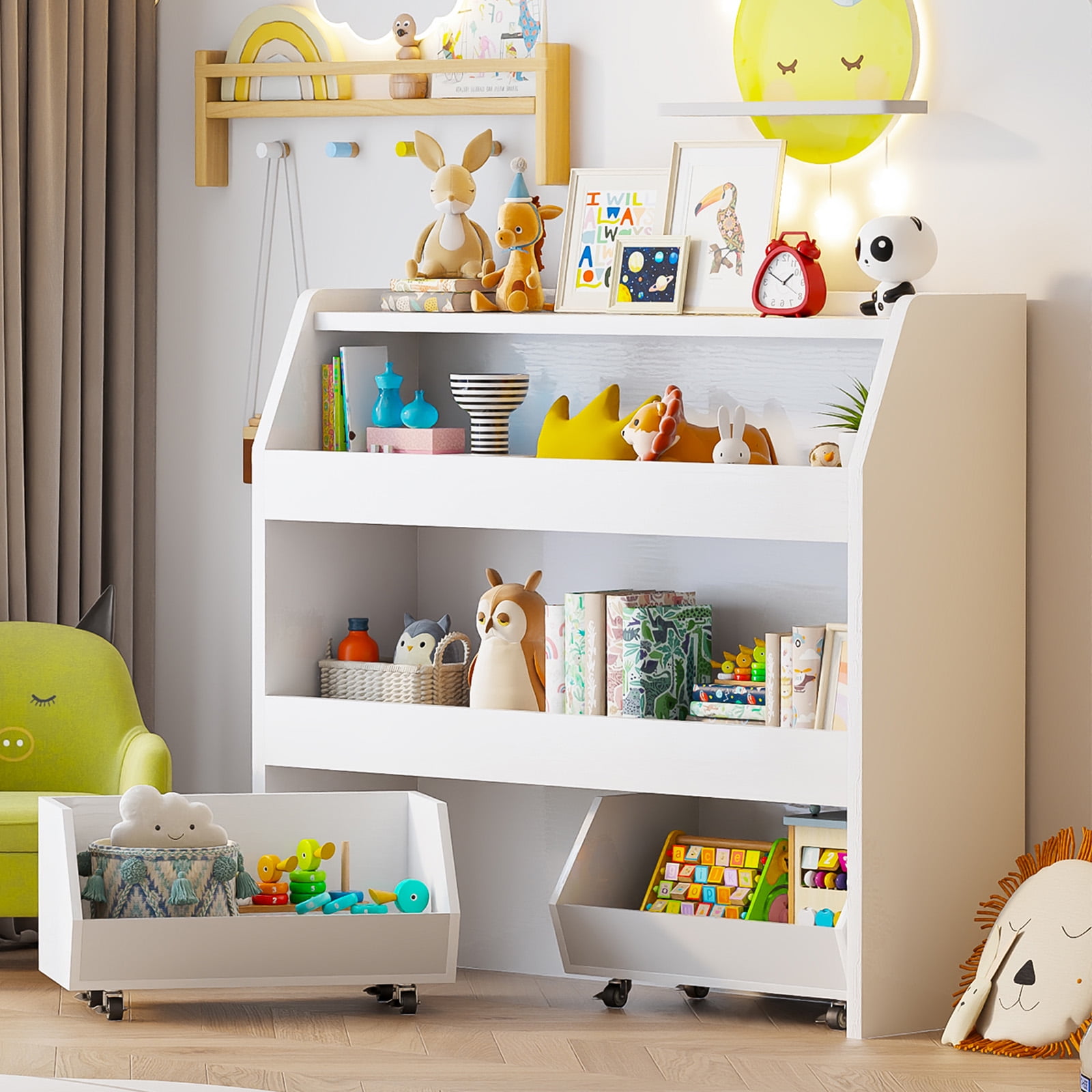 3-Tier Portable Toy Storage, Kids Toy Organizer W/2 Removable Bins with ...