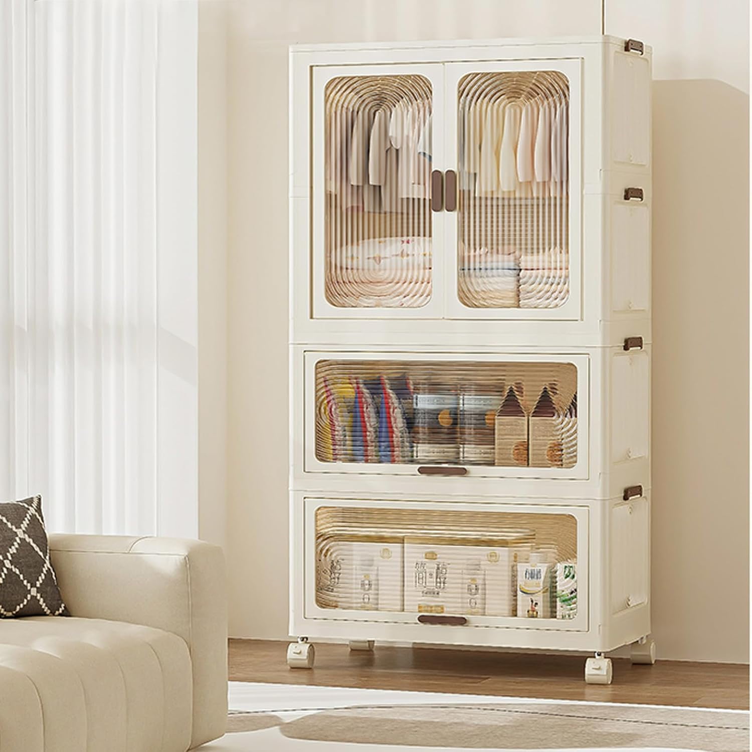 3 Tier Portable Wardrobe Collapsible Wardrobe Closet with Hanging Rod ...
