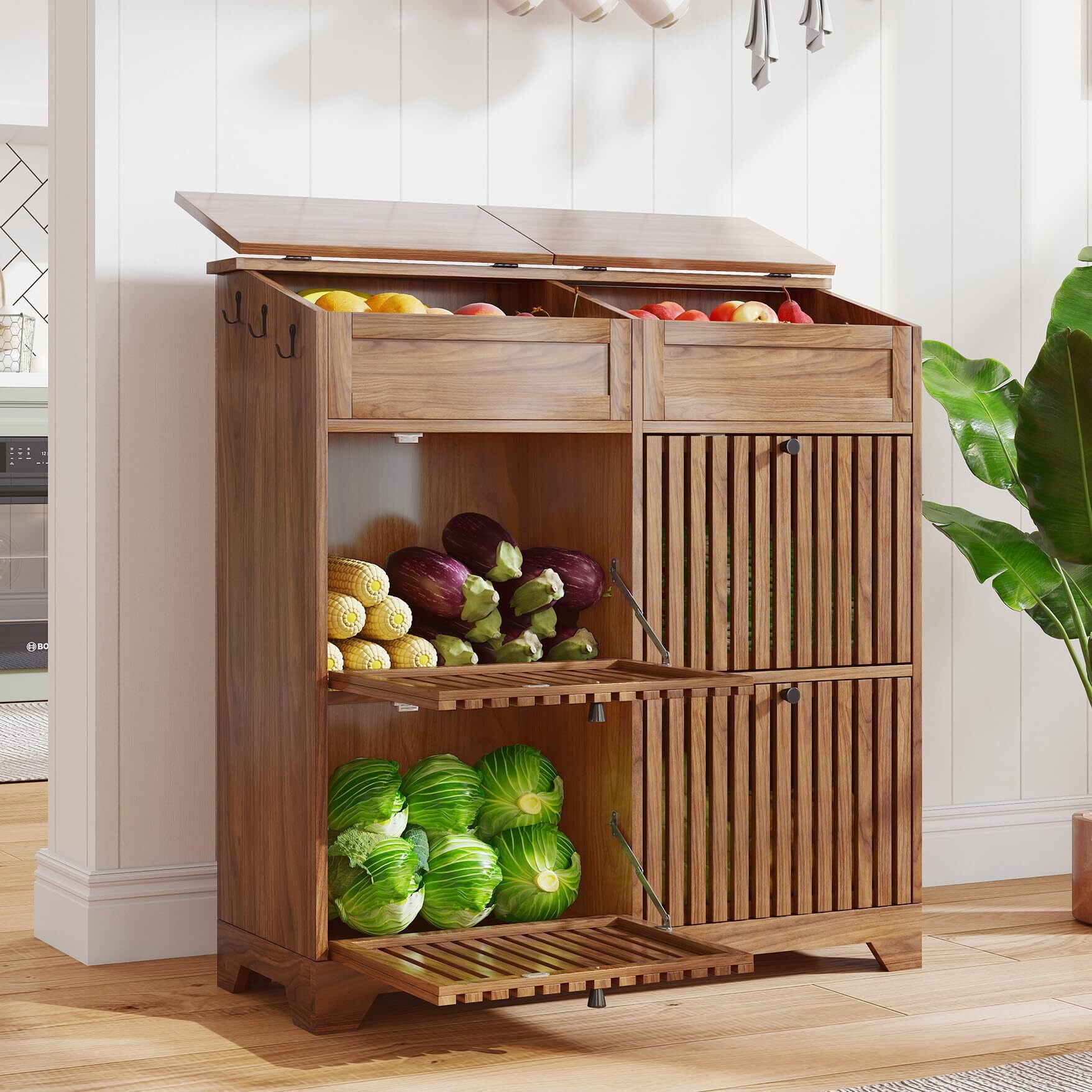 3-Tier Potato & Onion Storage Bin, Tall Fruit Vegetable Cabinet with 4 ...