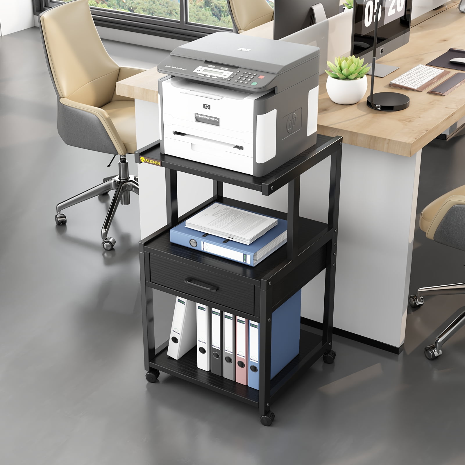 3-Tier Printer Cart on Wheels Multiple Print Stands with Drawer Home ...