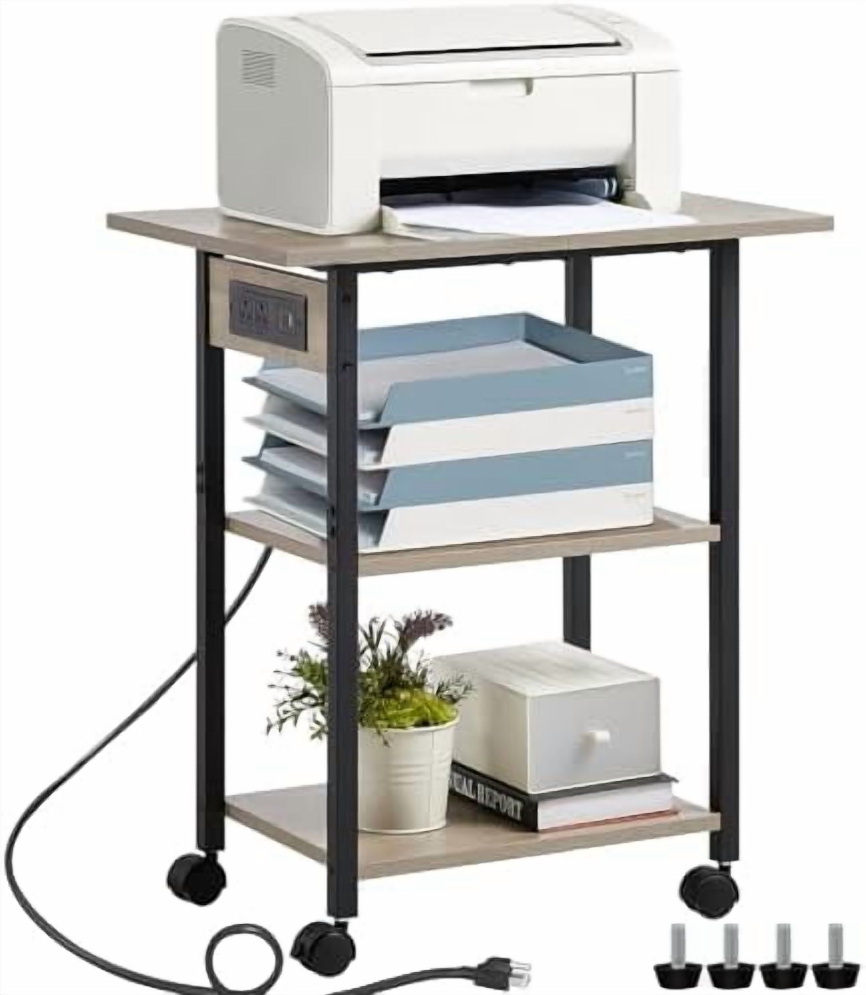 3-Tier Printer Stand with Charging Station, Industrial Mobile Printer ...