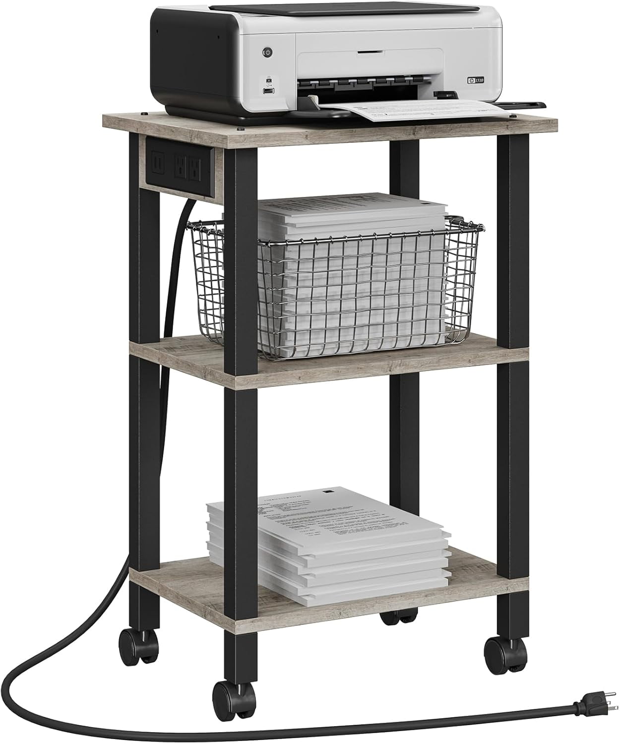 3 Tier Printer Stand, Rolling Printer Cart with Power Outlets and USB ...