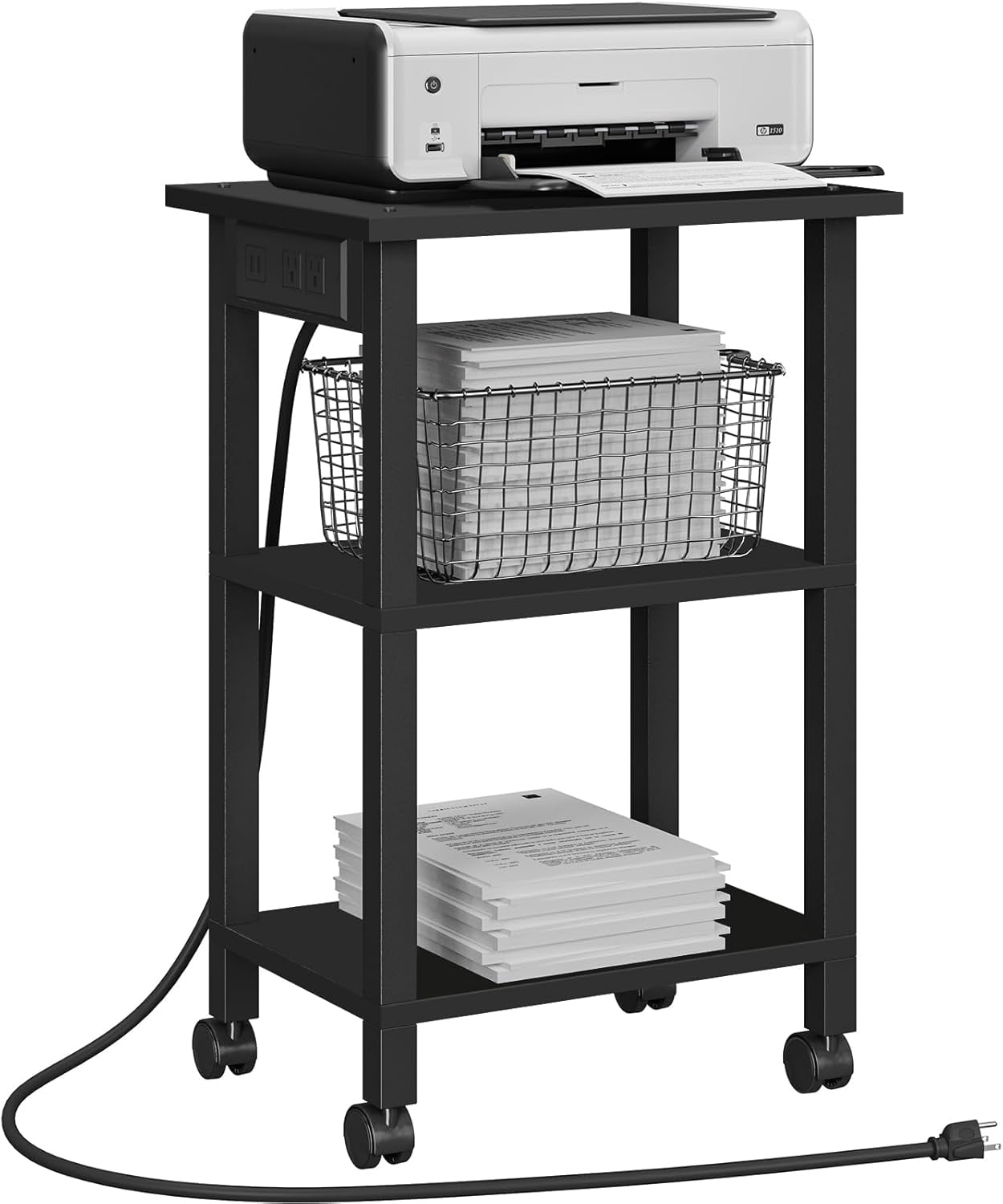 3 Tier Printer Stand, Rolling Printer Cart with Power Outlets and USB ...