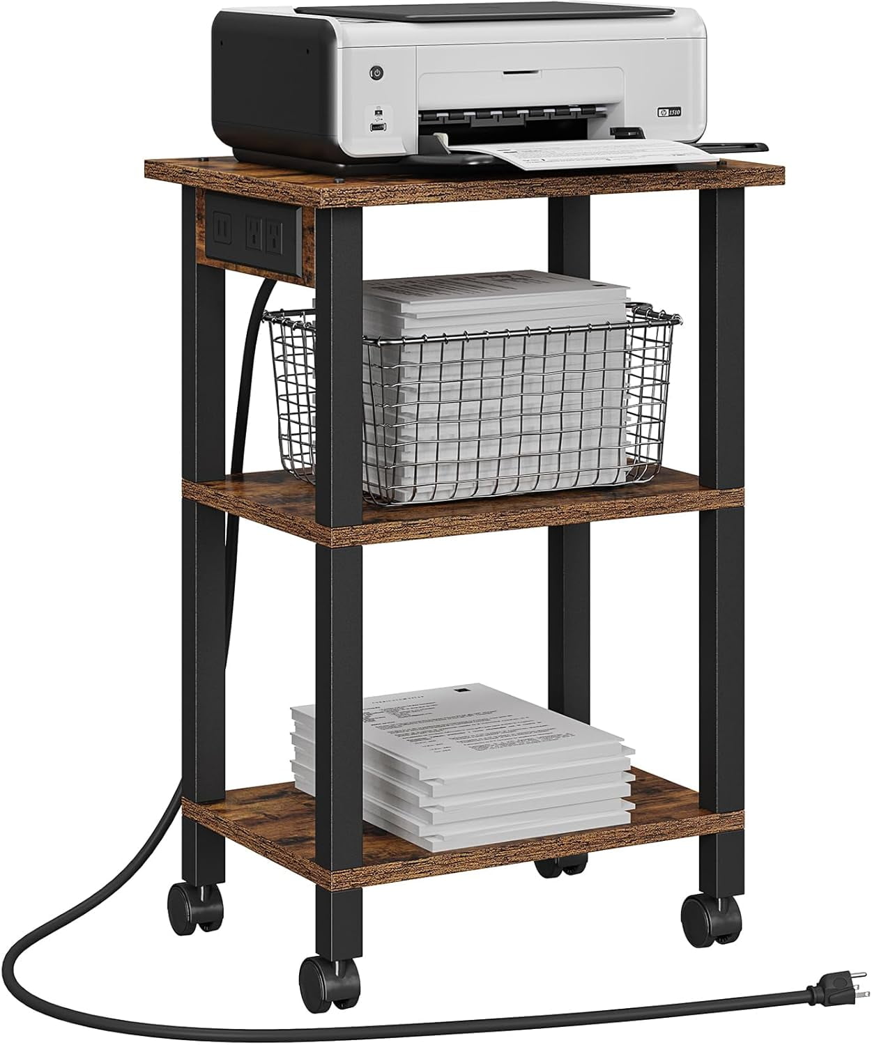 3 Tier Printer Stand, Rolling Printer Cart with Power Outlets and USB ...