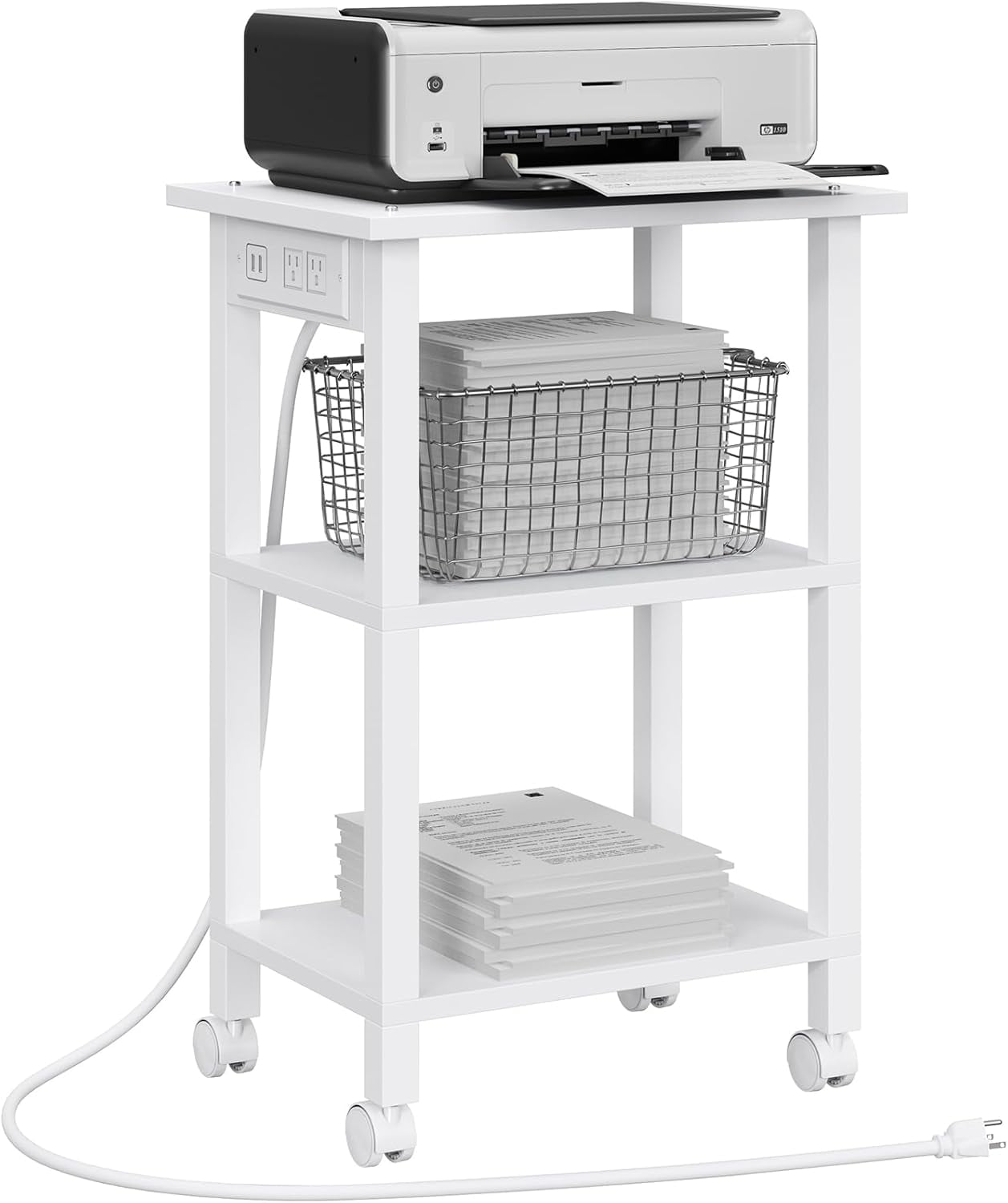3 Tier Printer Stand, Rolling Printer Cart with Power Outlets and USB ...