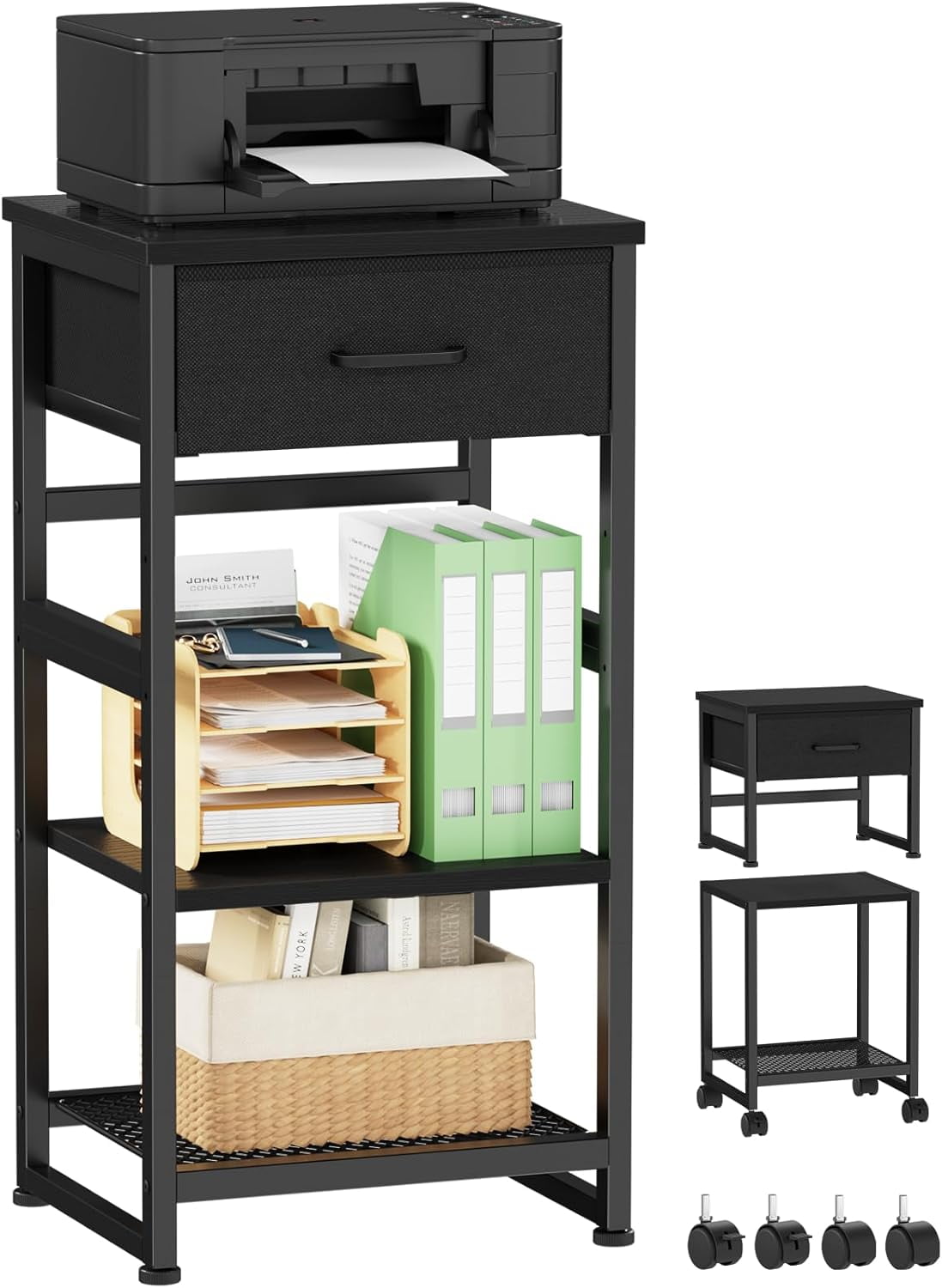 3-Tier Printer Stand with Small Storage Drawer, All-in-One Rolling ...