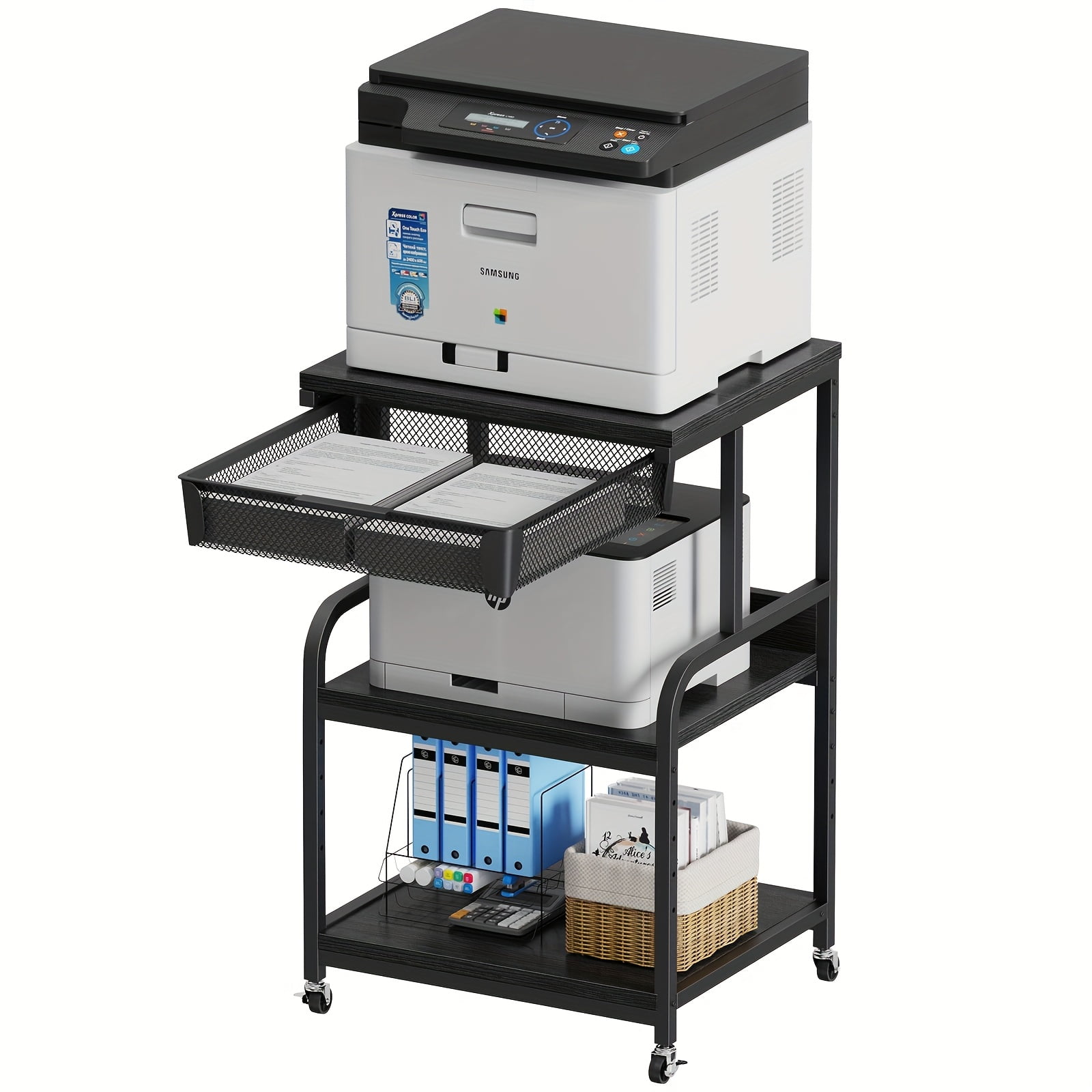 3-Tier Printer Stand With Adjustable Height (5 Levels), Wheels & Mesh ...