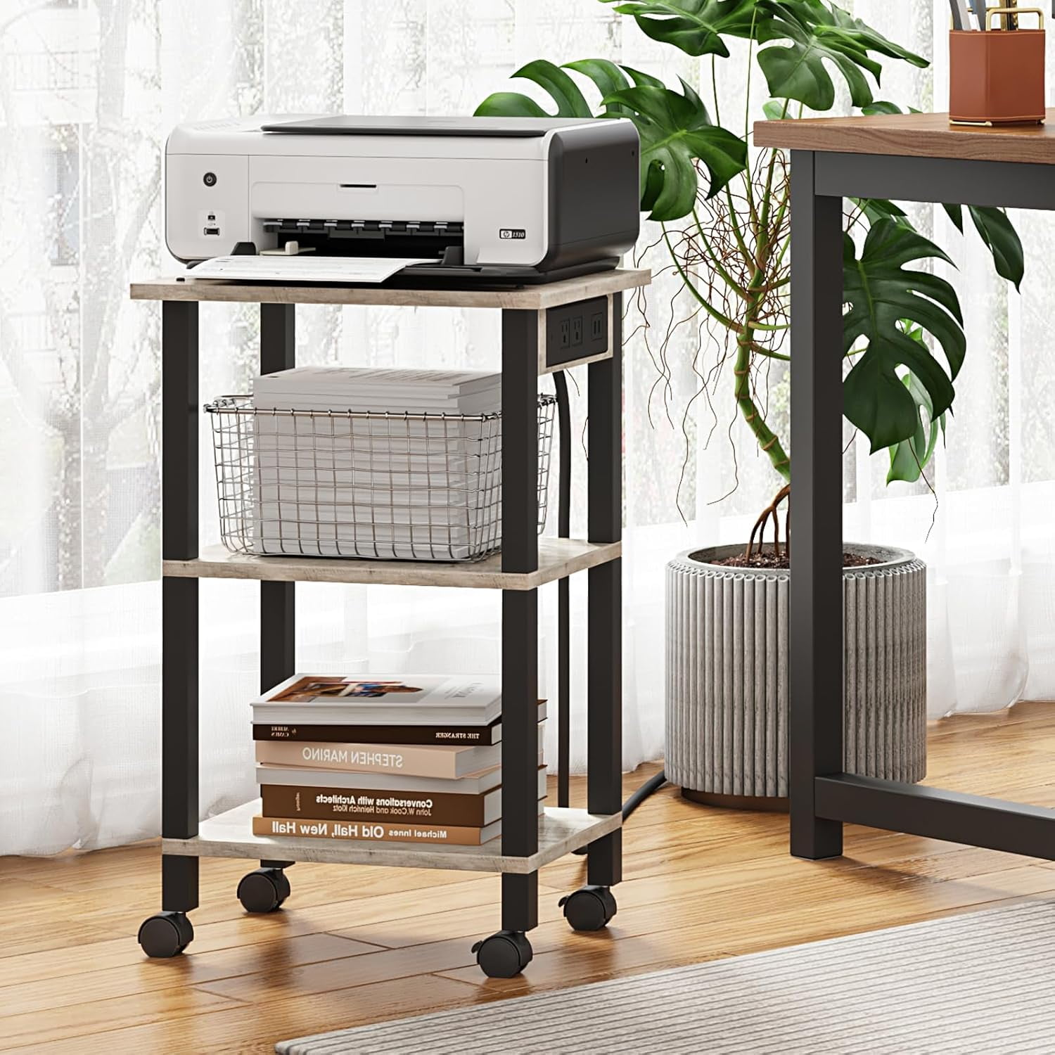 3 Tier Printer Stand with Rolling Wheels, Power Outlets & USB Ports ...