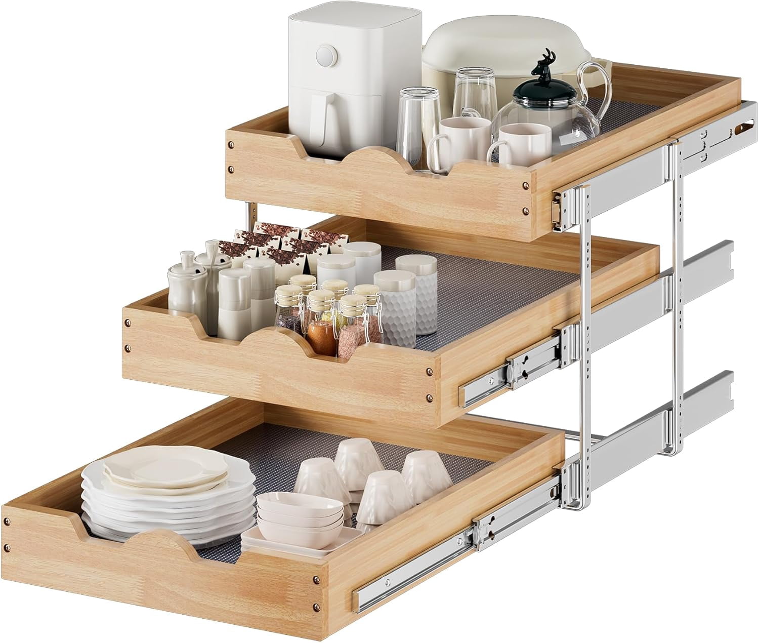3 Tier Pull Out Cabinet Organizer 17”W X21”D Slide Out Shelves With ...