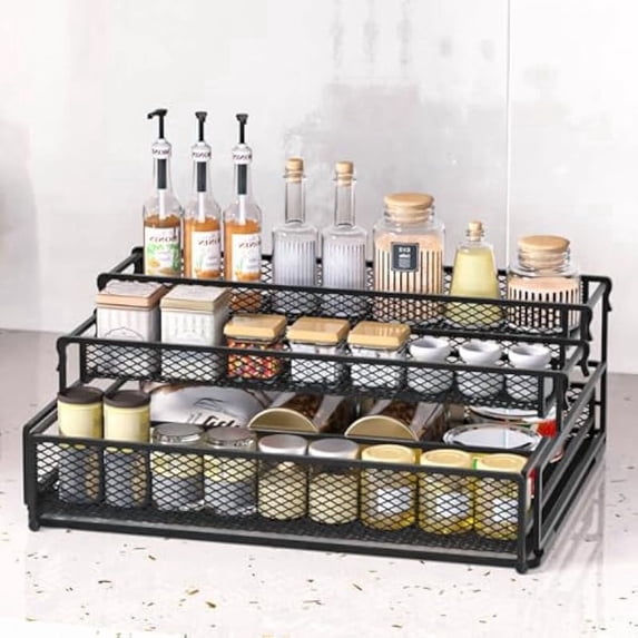 3-Tier Pull-Out Kitchen Organizer, Foldable Mesh Spice Rack, Multi-Use ...