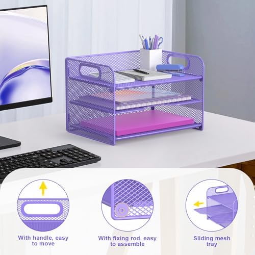 3 Tier Purple Letter Tray Paper Organizer with Handle, Mesh Desk ...
