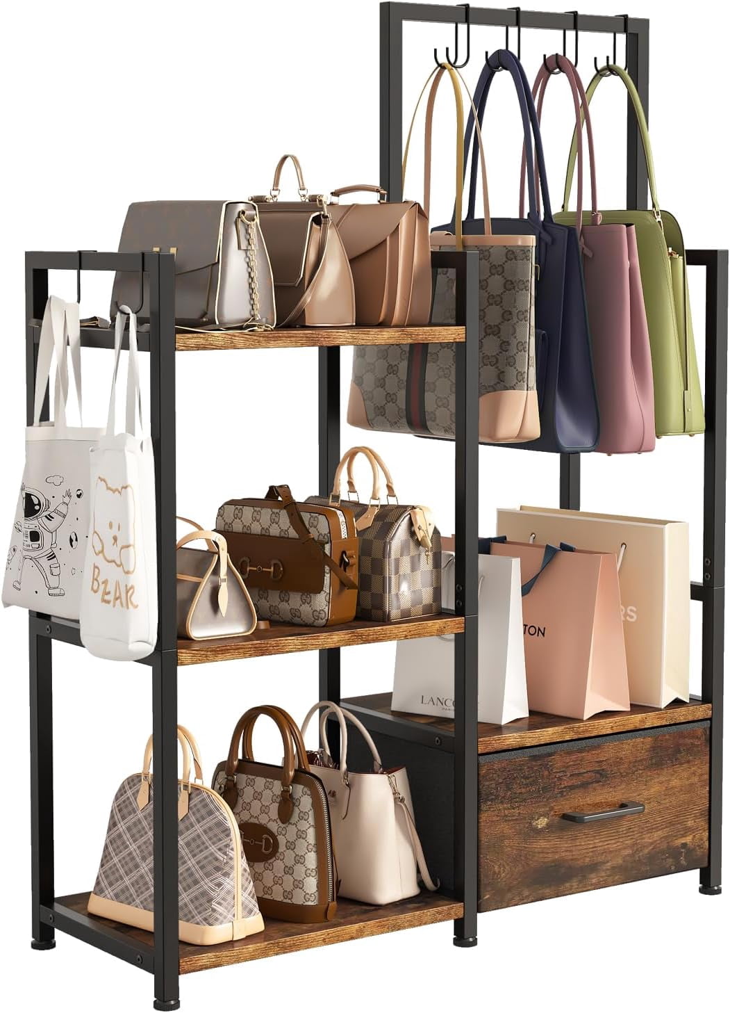 3-Tier Purse Rack Stand with Pull-Out Drawer & 6 Hooks - Floor Standing ...