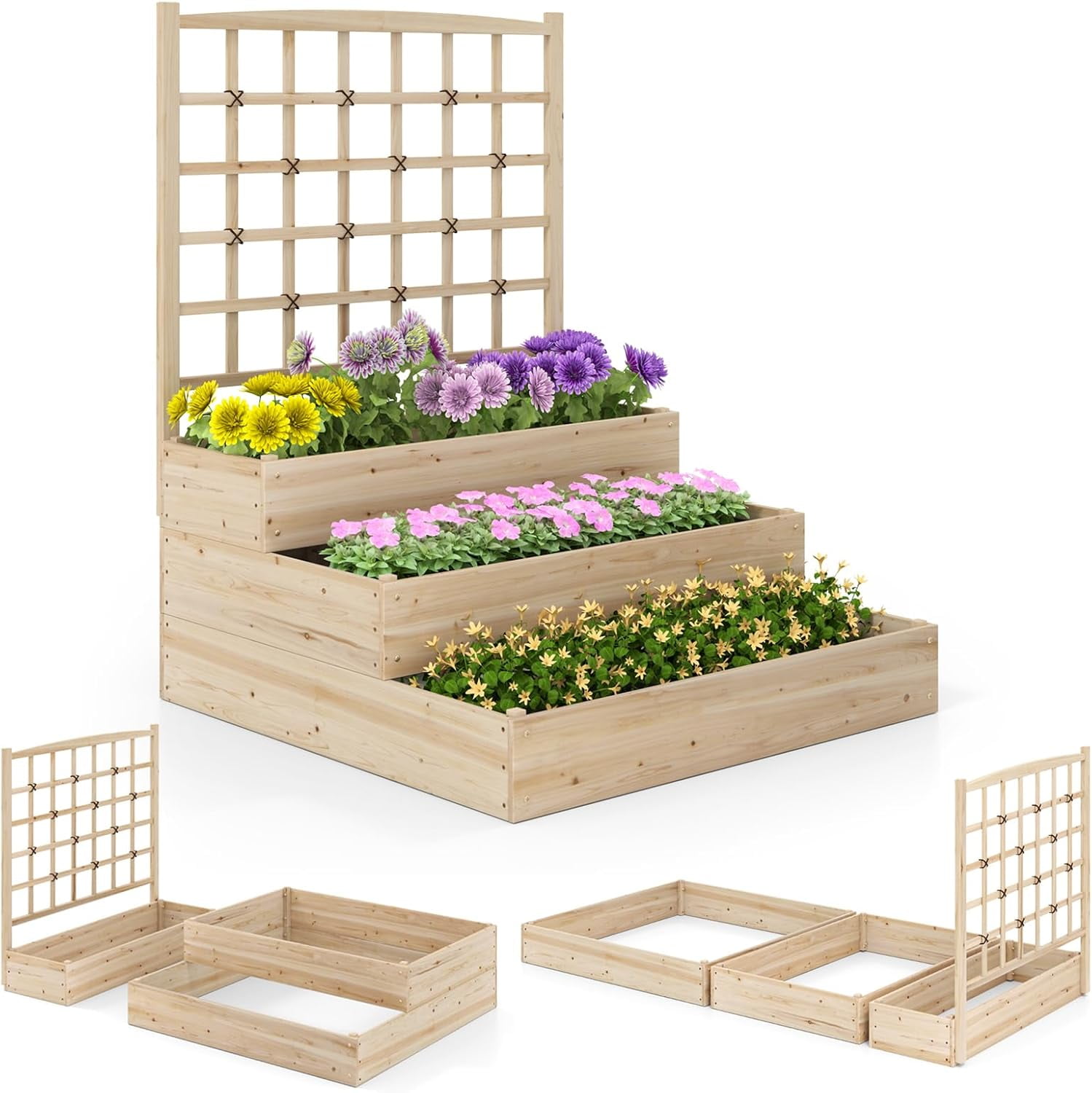 3-Tier Raised Garden Bed, Wooden Planter with Trellis & Open-Ended Base ...