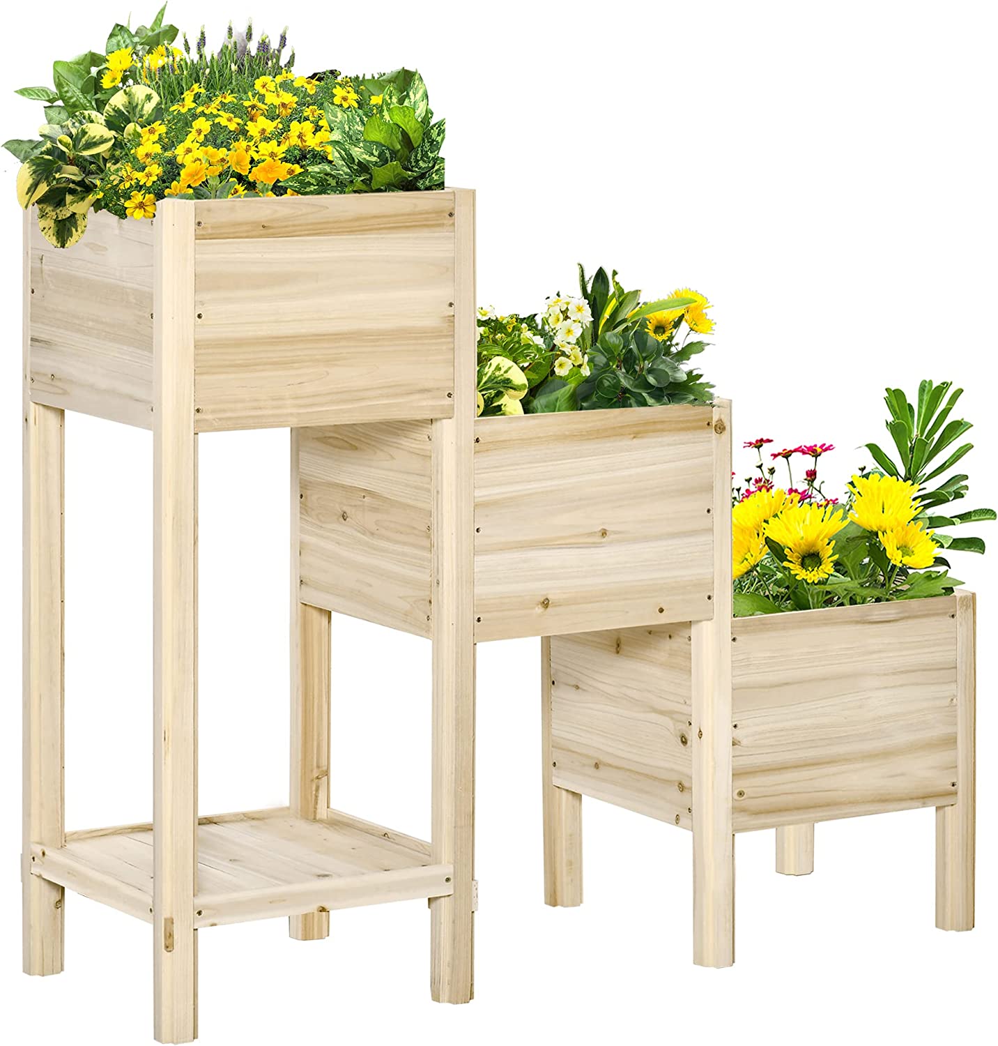 3-Tier Raised Garden Bed with Storage Shelf, Wooded Elevated Planter ...