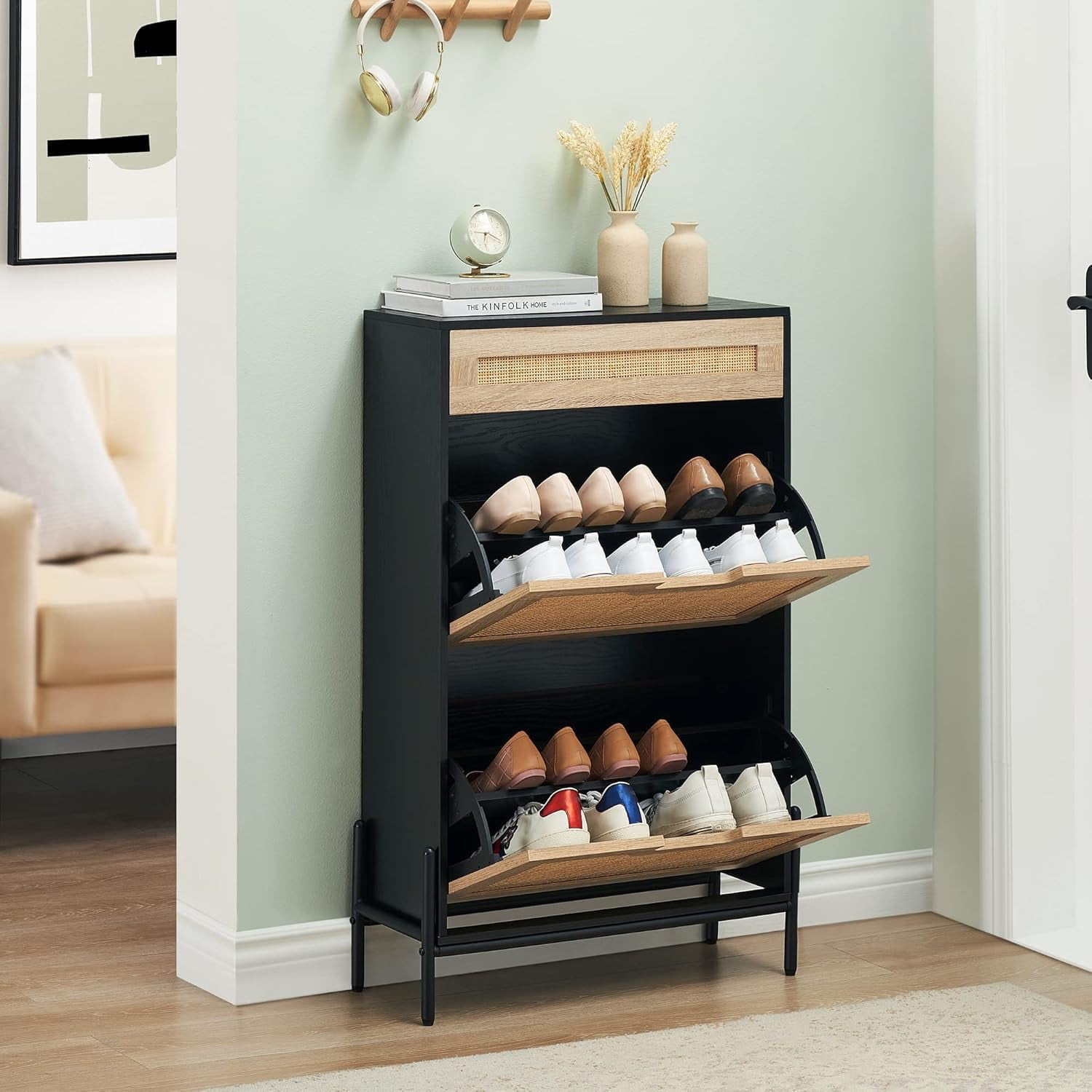 3-Tier Rattan Shoe Cabinet Hidden Wooden Shoe Rack, Adjustable Shelves ...