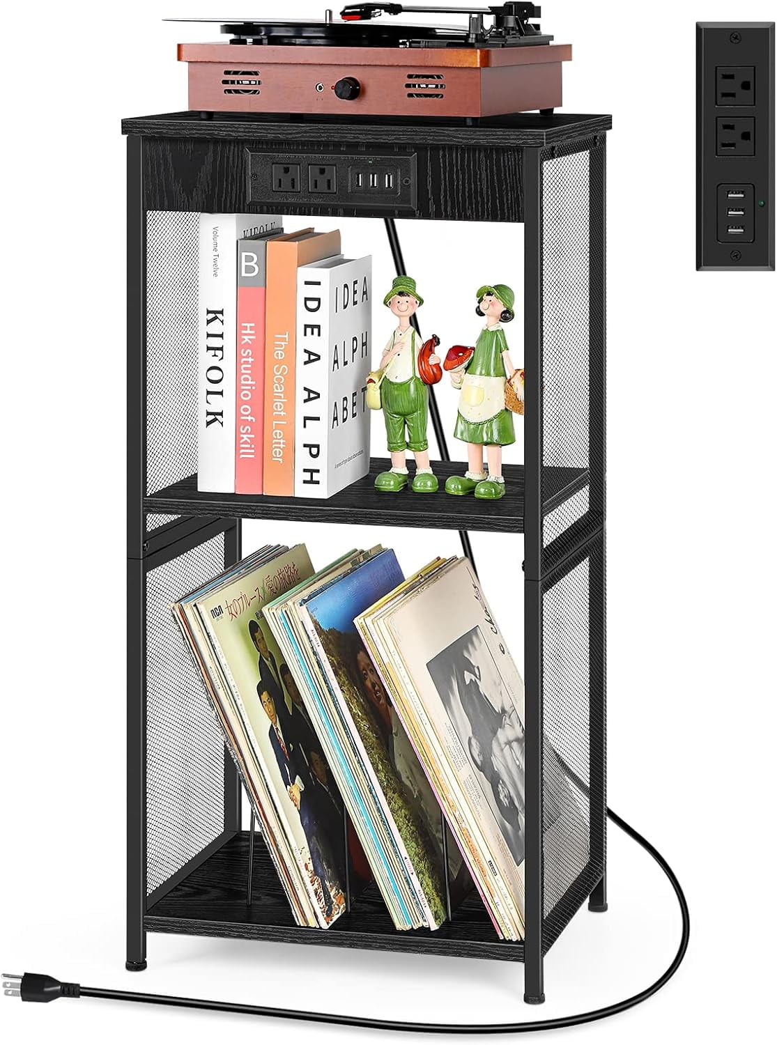 3-Tier Record Player Stand with Charging Station Black Turntable Stand ...