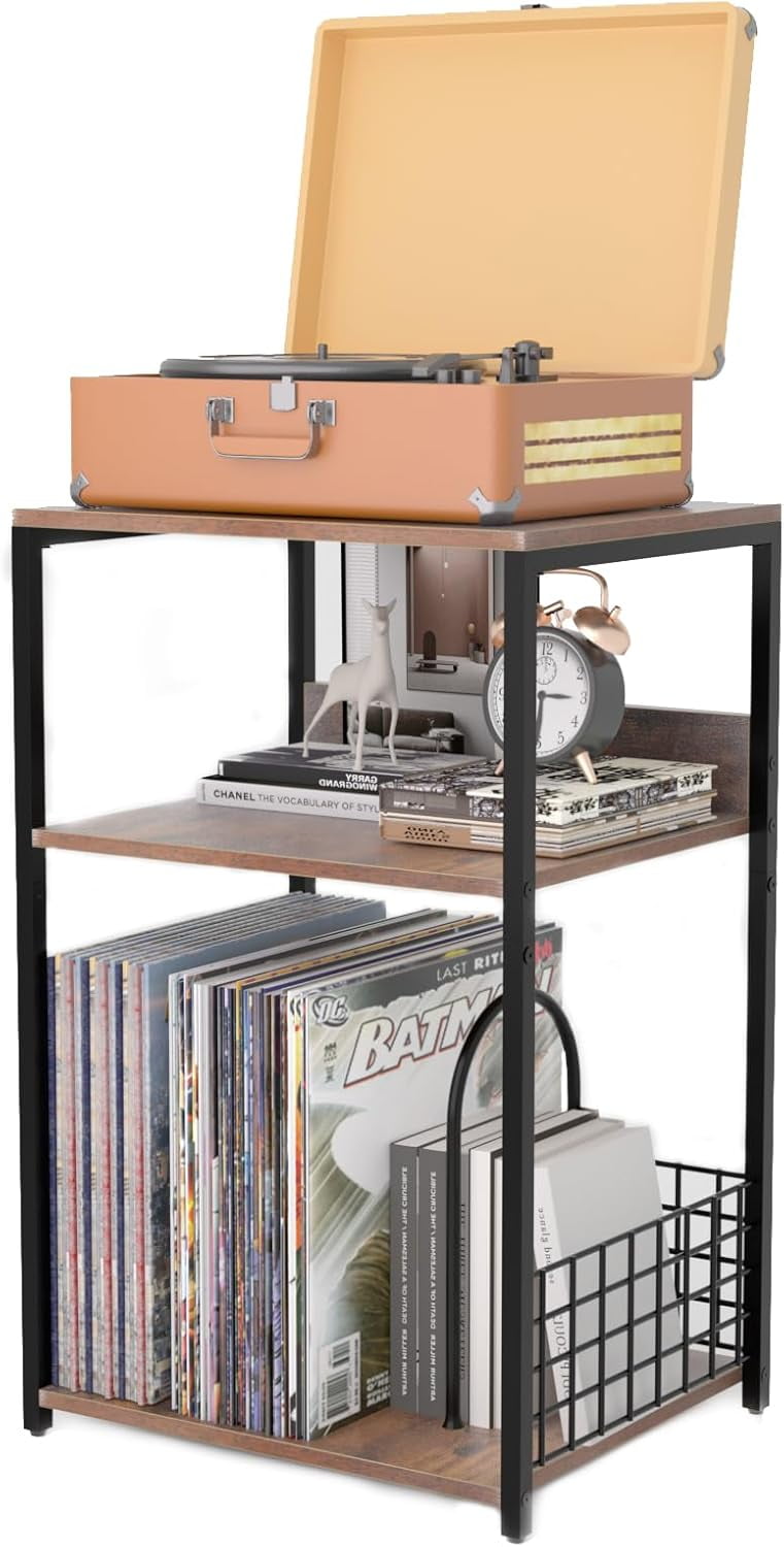3-Tier Record Player Stand, Metal End Table Storage Up to 100 Albums ...