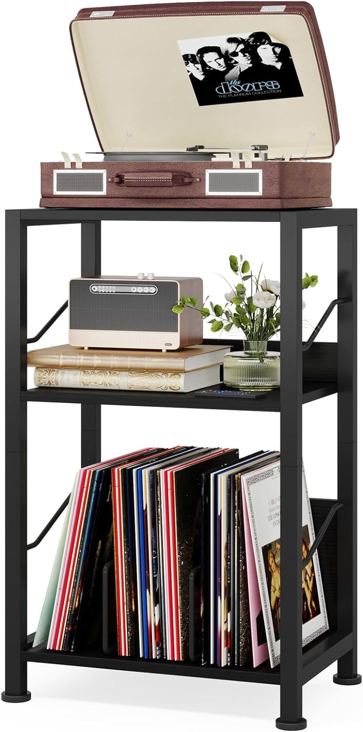 3-Tier Record Player Stand - Retro Vinyl Record Storage End Table ...
