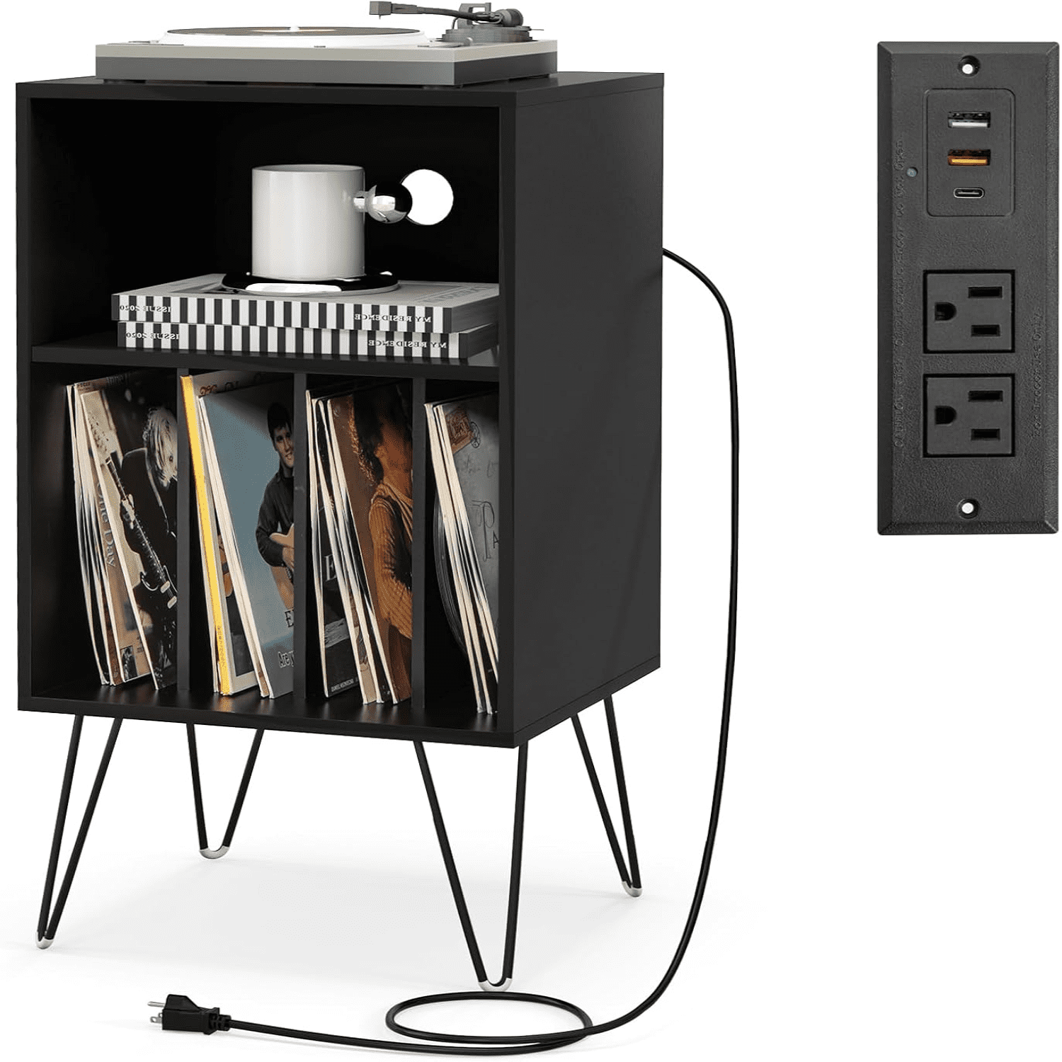 3-Tier Record Player Stand Turntable Stand with Charging Station Vinyl ...