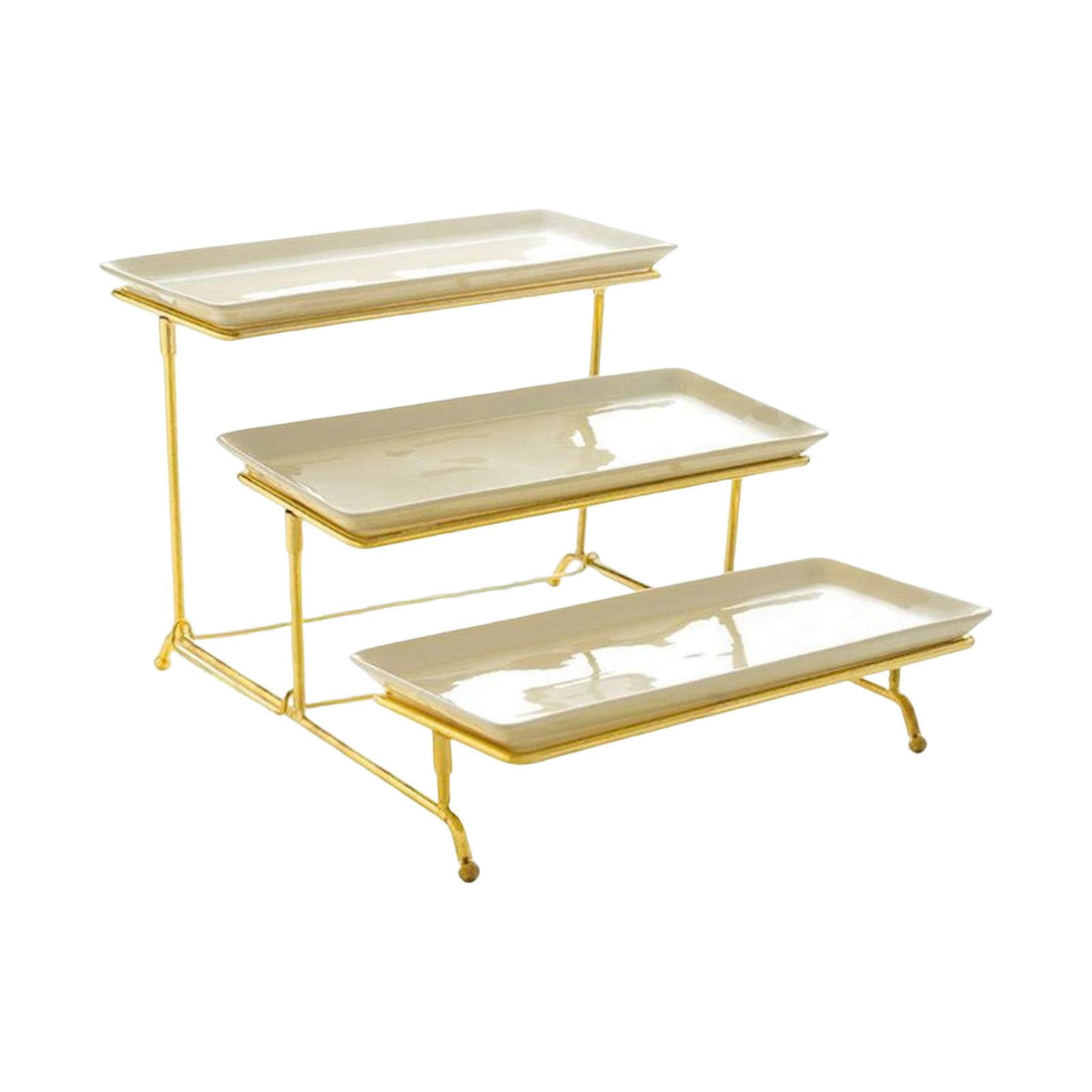 3 Tier Rectangular Serving Platter Stand Set with 3 Porcelain Serving ...