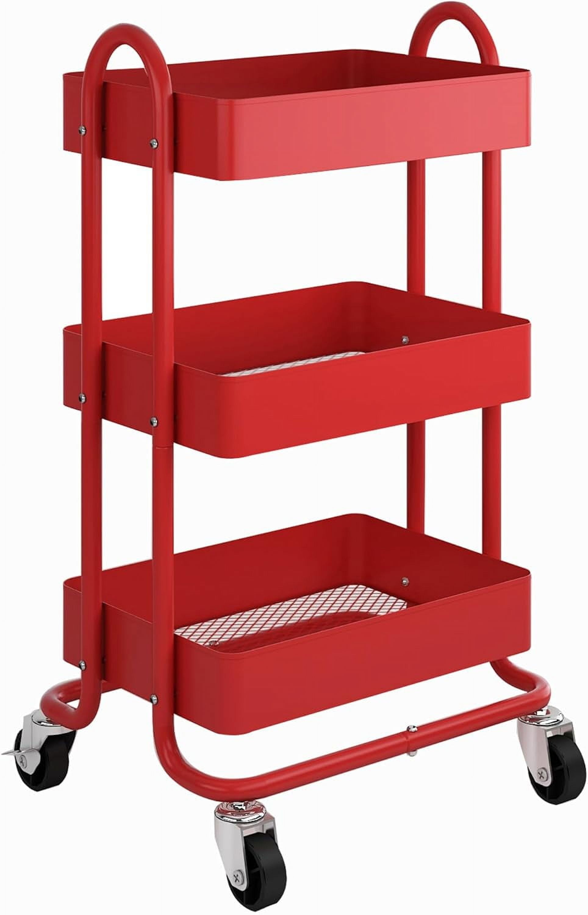 3-Tier Red Utility Rolling Cart,Kitchen Storage Carts with Wheels,Metal ...