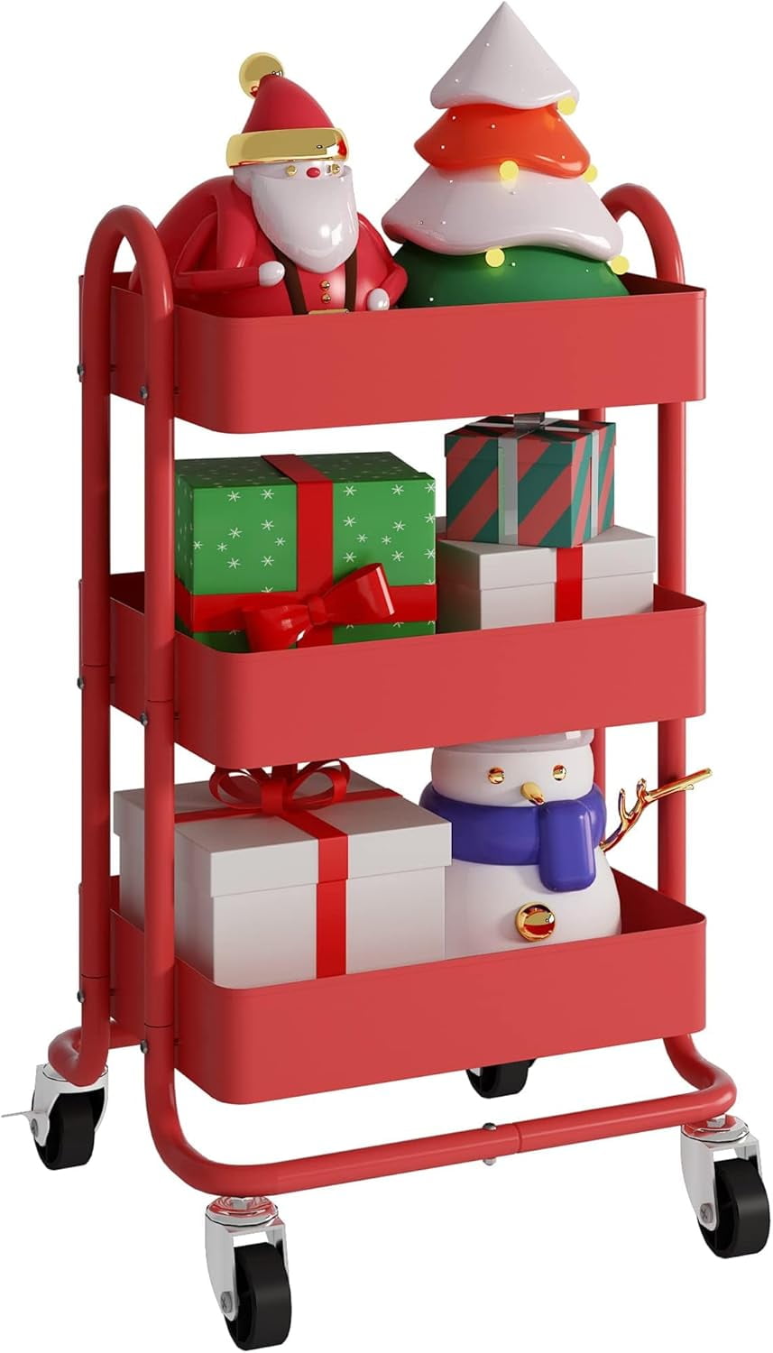 3-Tier Red Utility Rolling Cart,Kitchen Storage Carts with Wheels,Red ...