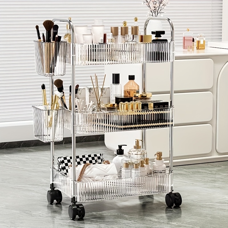 3-Tier Rolling Acrylic Makeup Cart with Wheels, Transparent Cosmetic ...