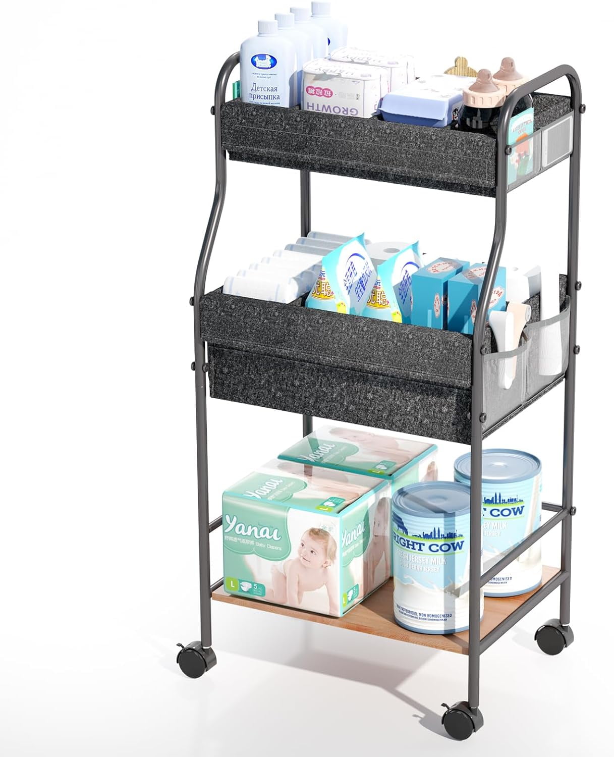 3-Tier Rolling Baby Diaper Caddy Cart with 3+2 Dividers & Locking ...