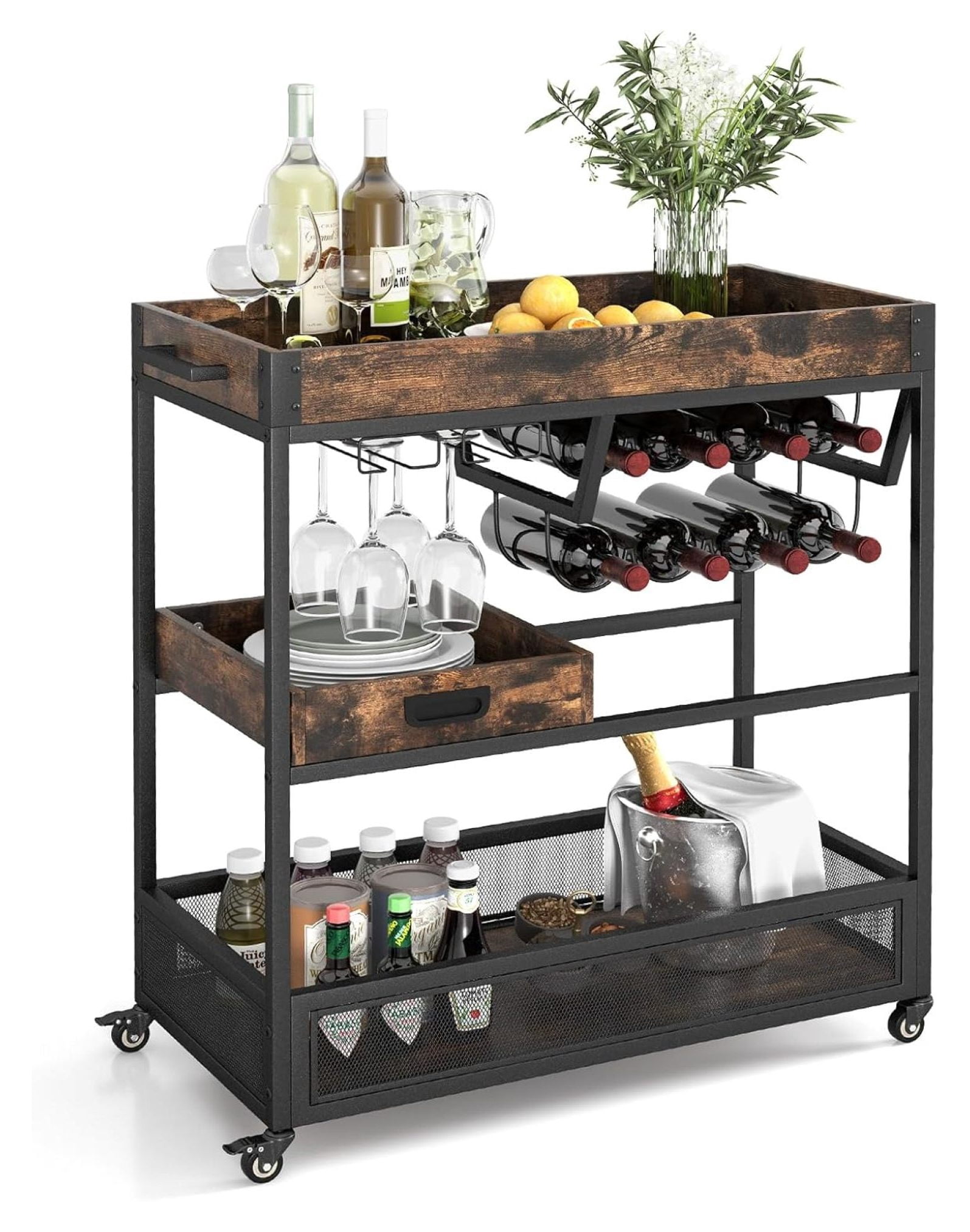 3-Tier Rolling Bar Cart, Industrial Buffet Serving Trolley Cart with ...
