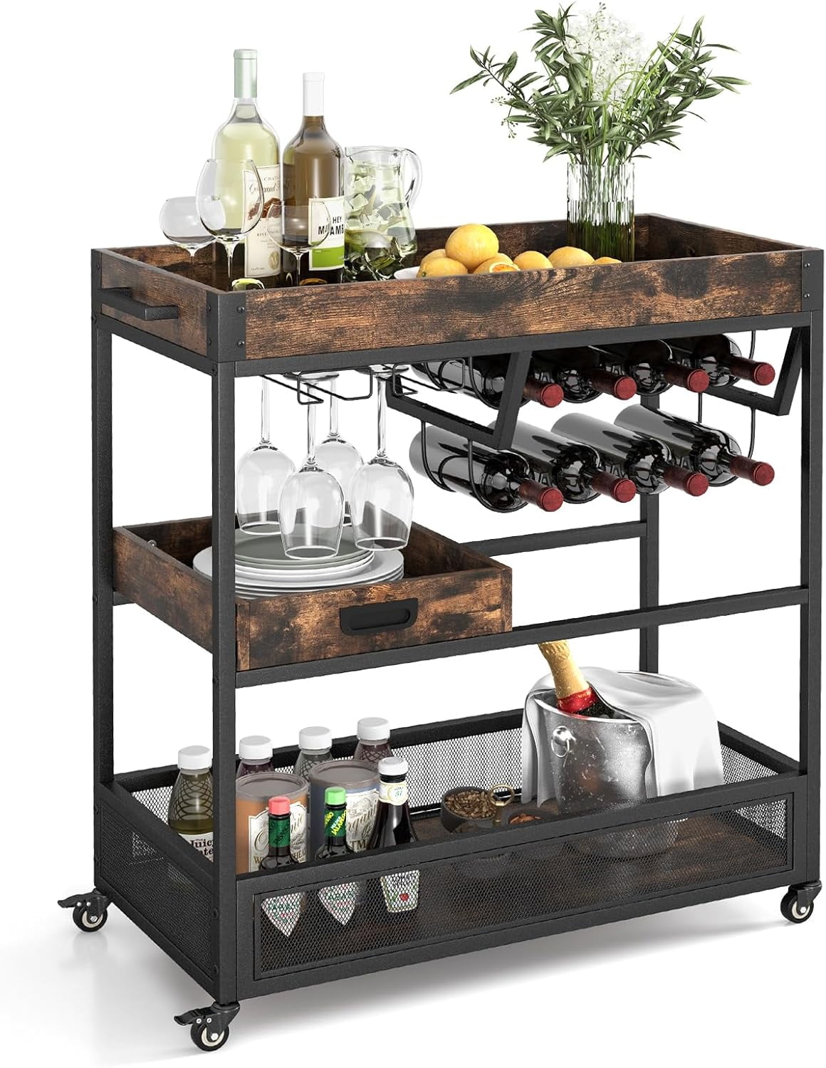3-Tier Rolling Bar Cart, Industrial Buffet Serving Trolley Cart with ...