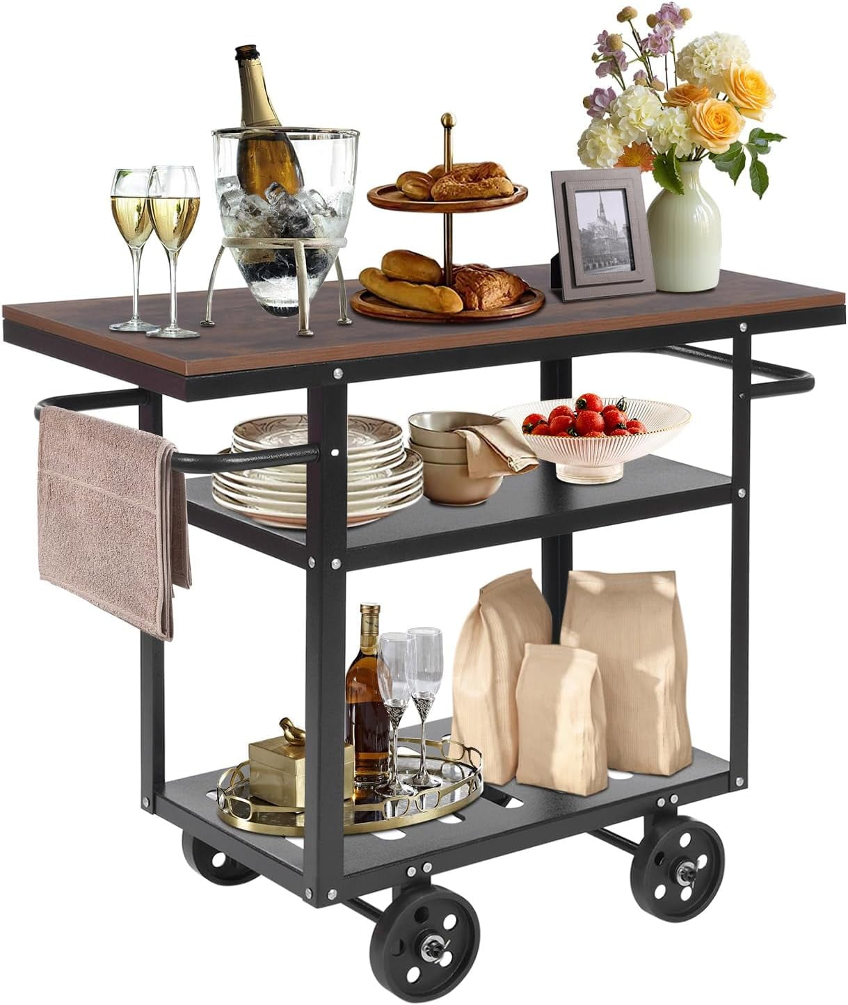 3 Tier Rolling Bar Cart, Industrial Mobile Serving Cart Vintage Bar ...